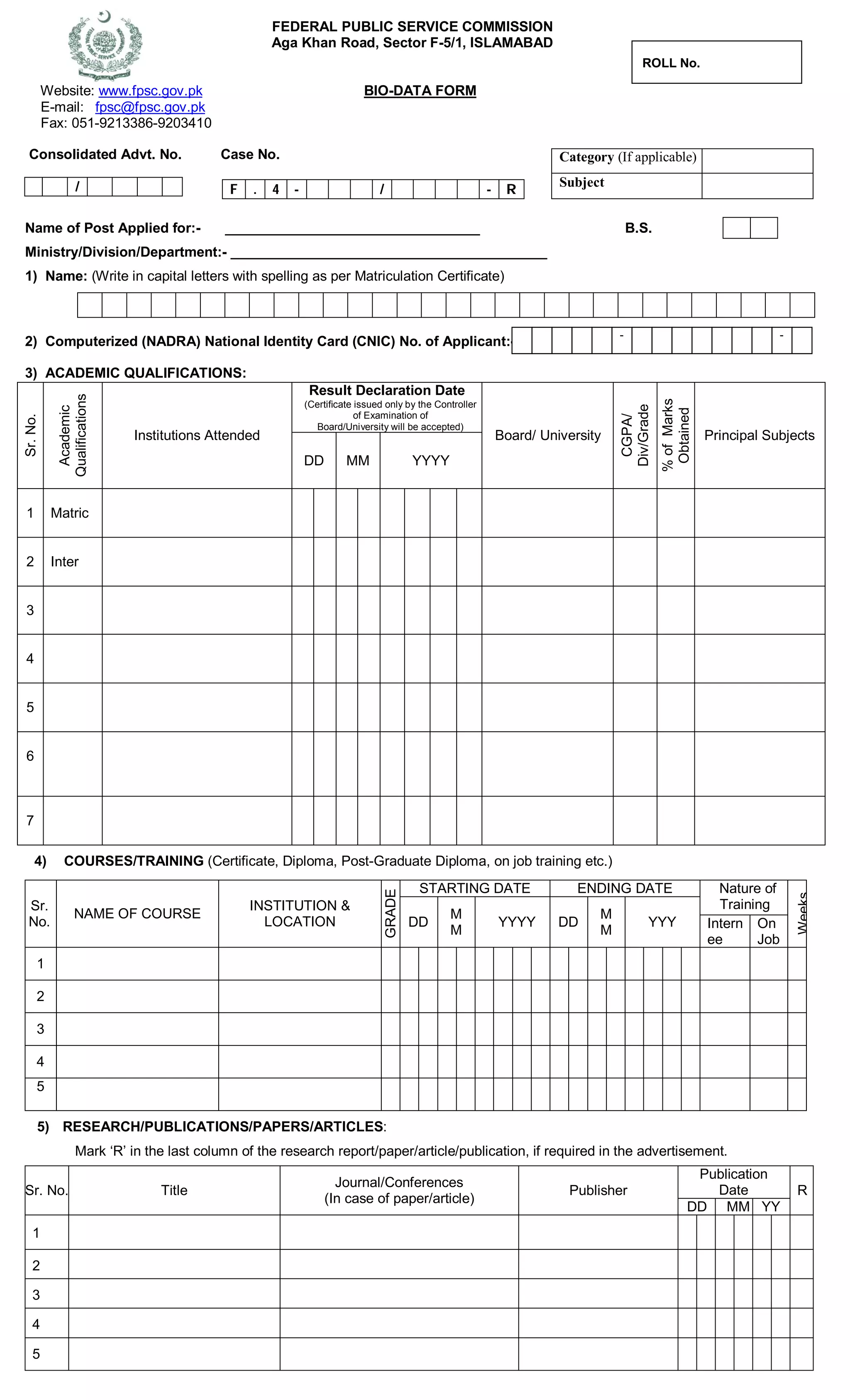 FPSC Biodata form 2015 (1) | PDF