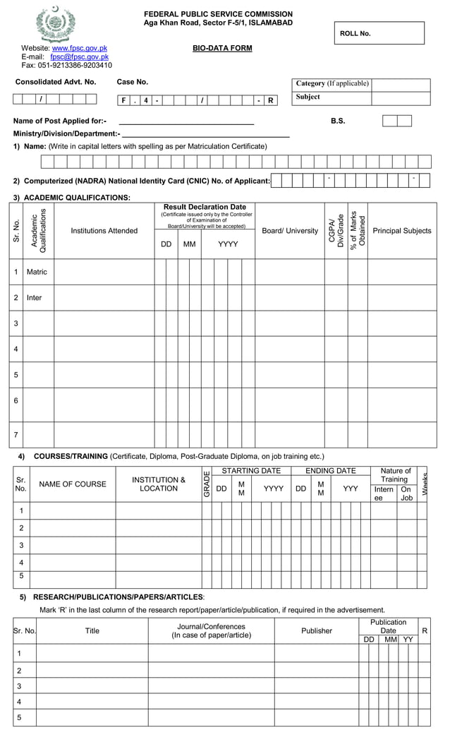 FPSC Biodata form 2015 (1) | PDF
