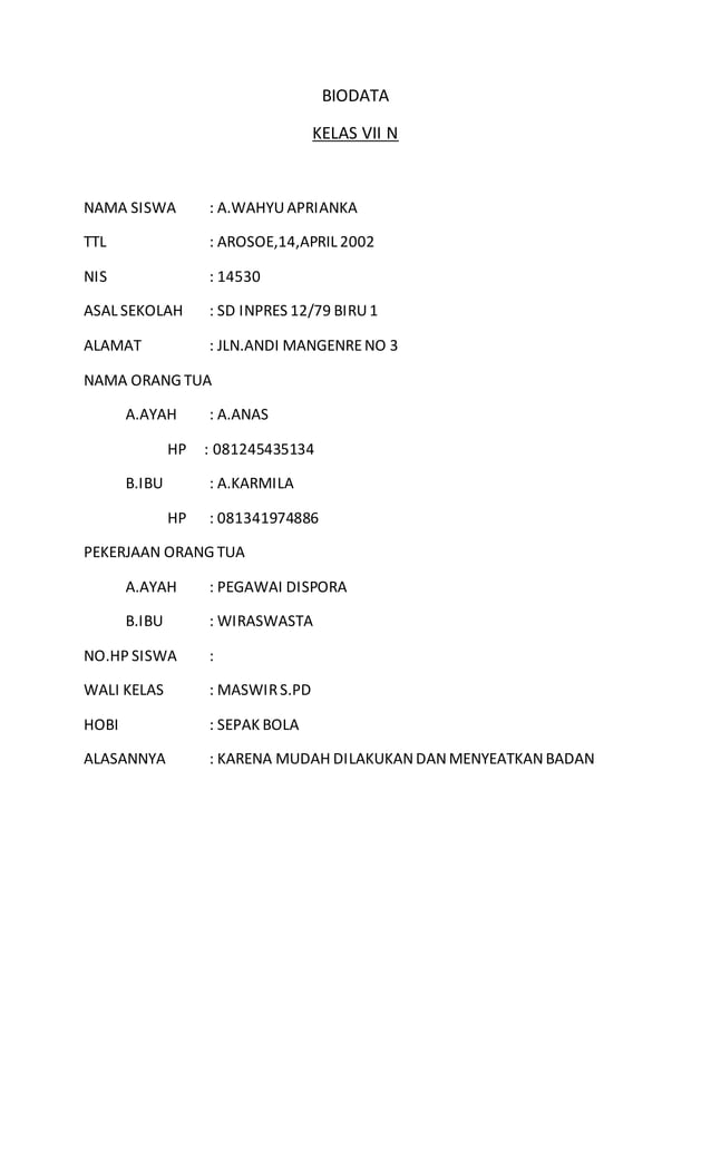 Biodata kelas vii n | DOCX