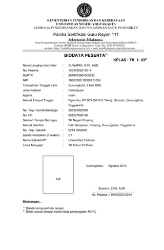 Biodata peserta plpg tahun 2013 0 | PDF