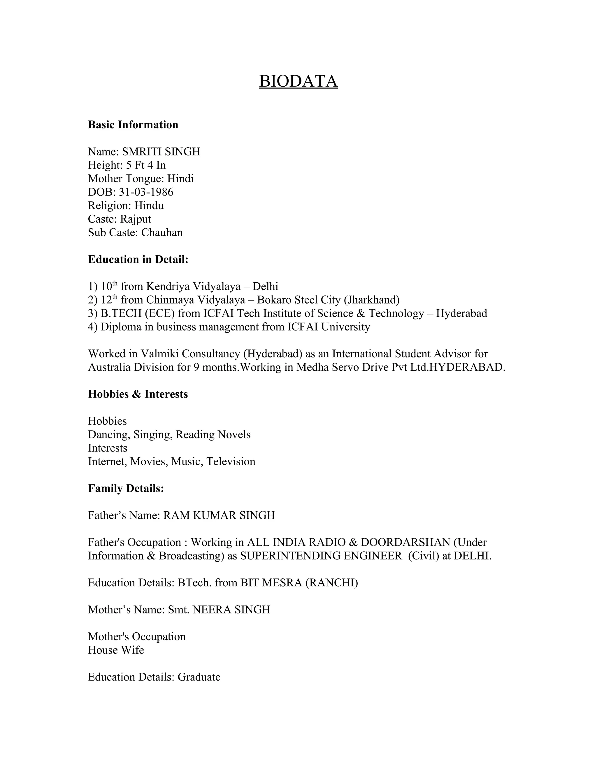 Biodata smriti new | DOC