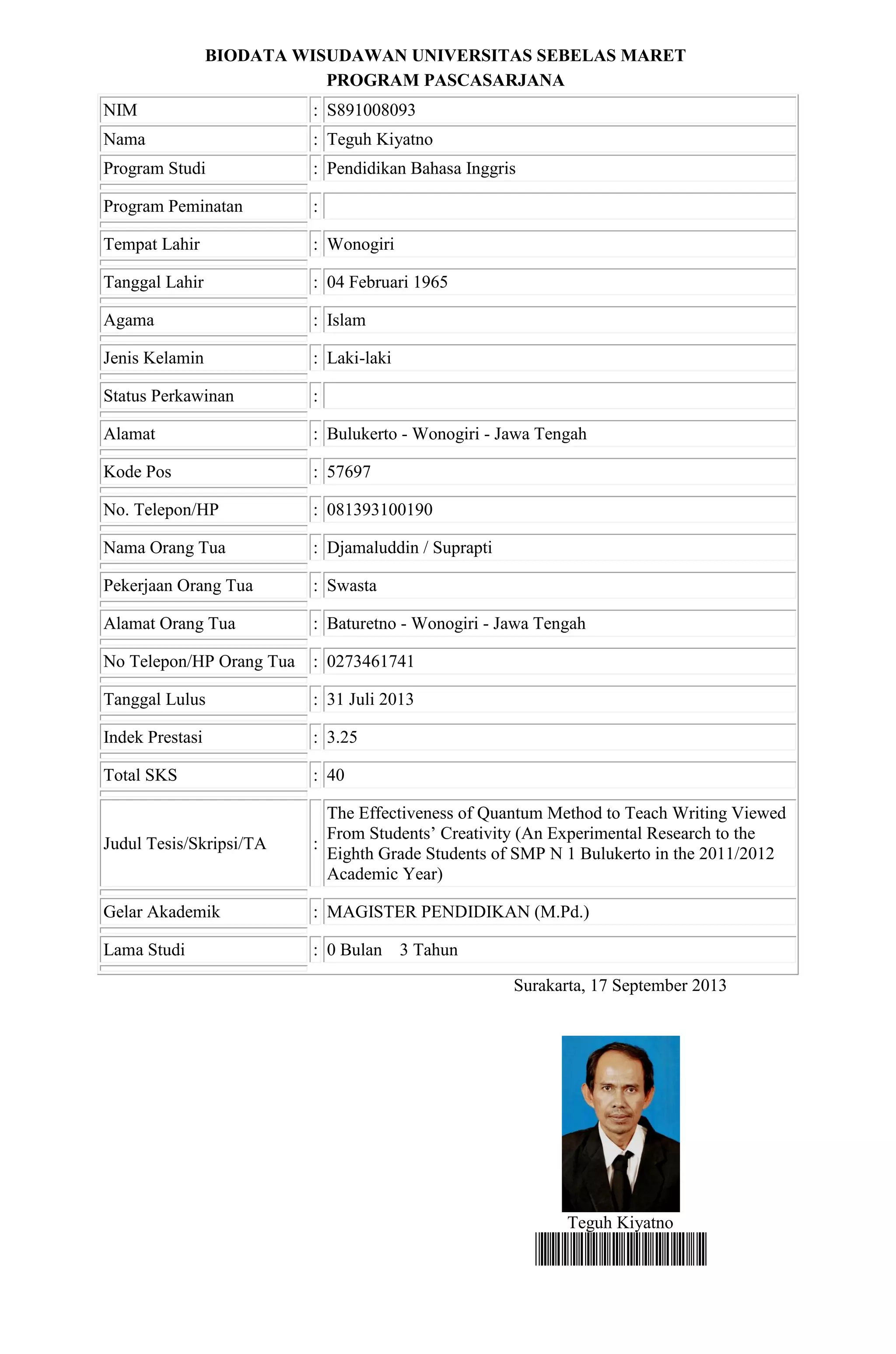 Biodata wisudawan tq 2013 | PDF