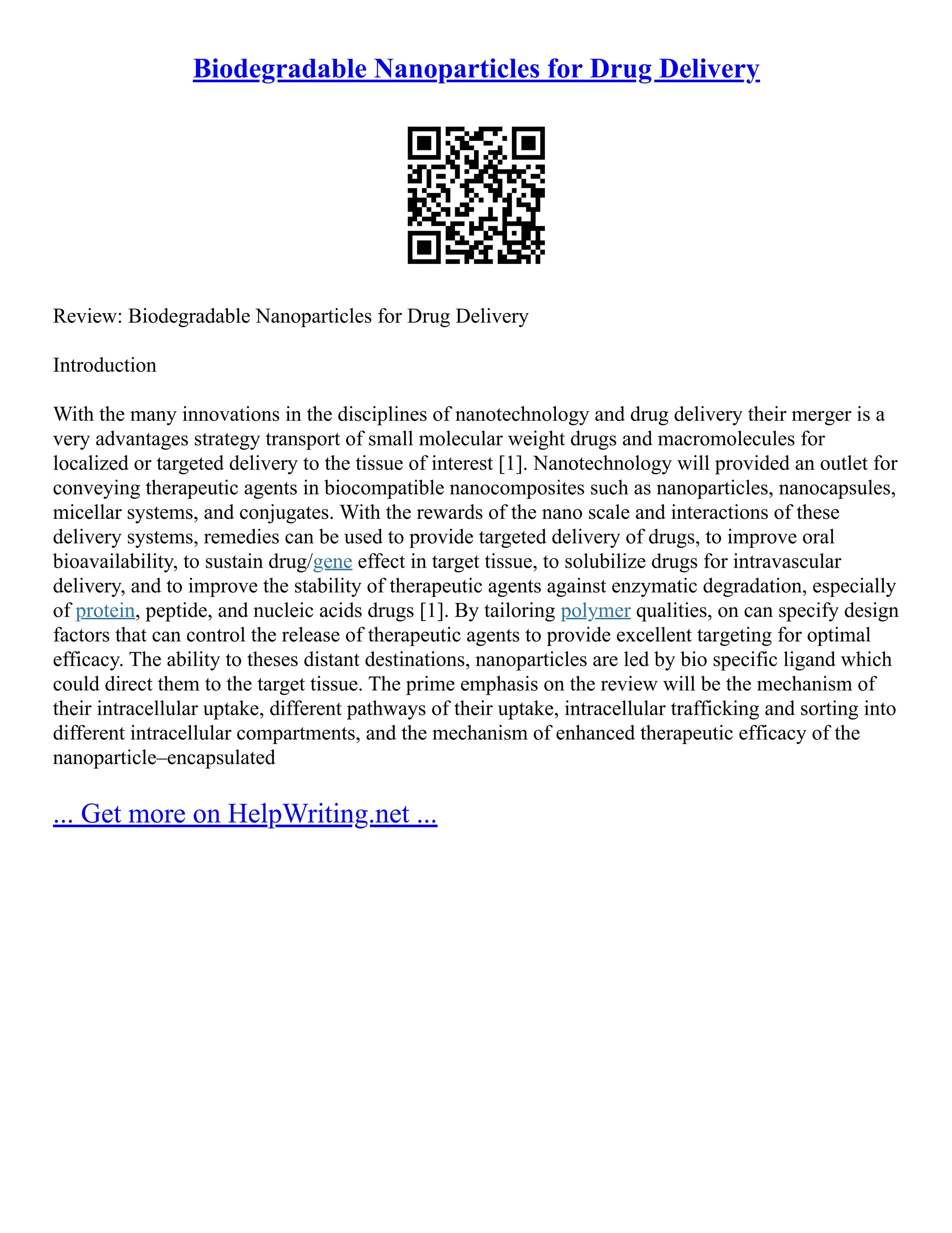 Biodegradable Nanoparticles For Drug Delivery | PDF