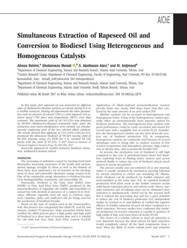 Simultaneous Extraction of Rapeseed Oil and Conversion to Biodiesel ...
