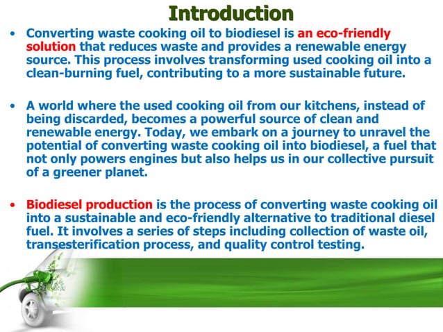 Biodiesel production from Waste Cooking Oil powerpoint project.pptx | Agriculture | Industries