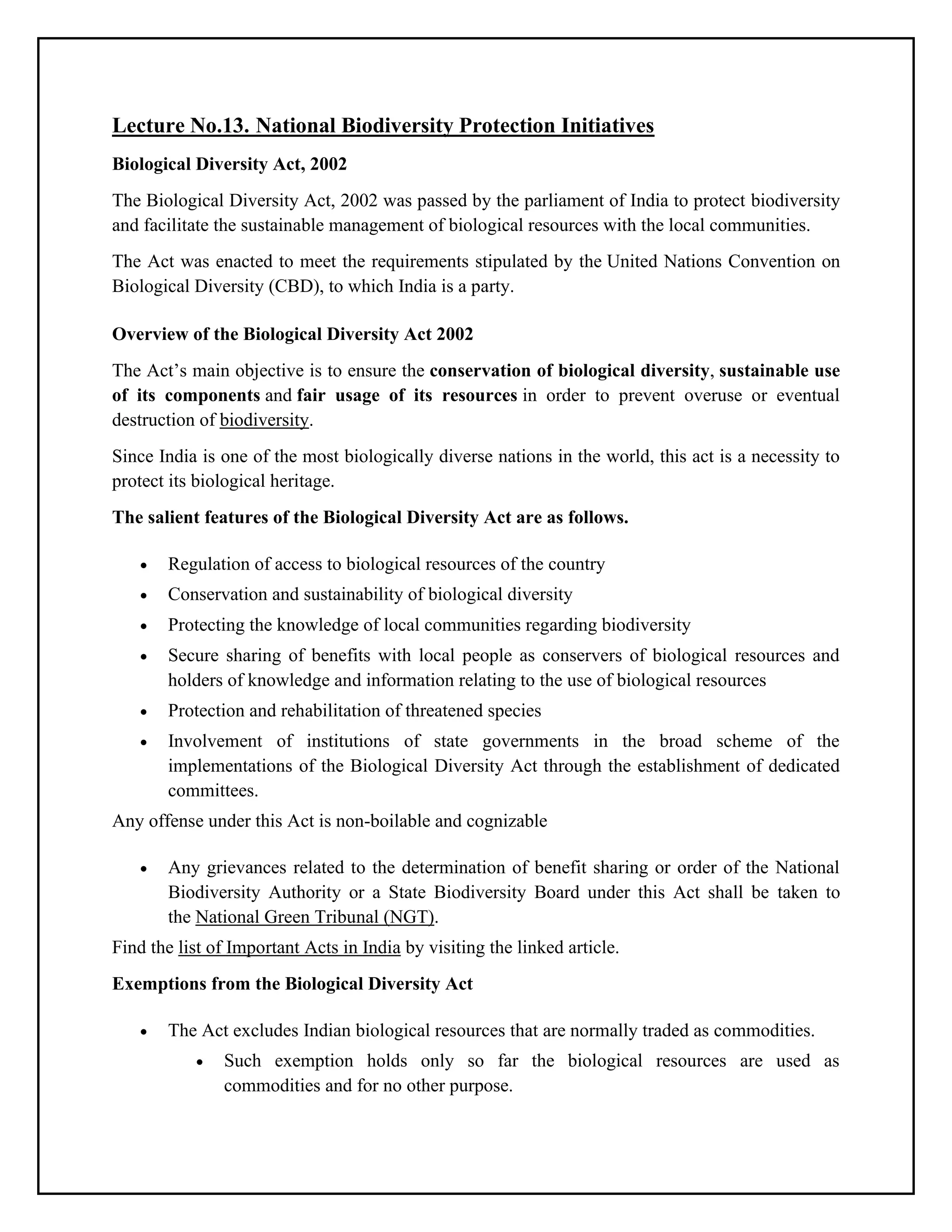 National Biodiversity protection initiatives and Convention on ...