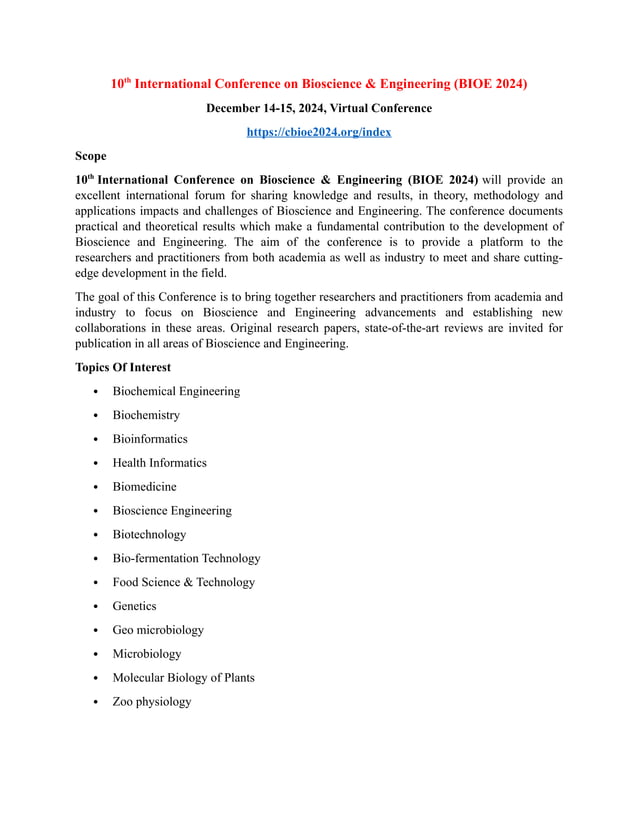 10th International Conference on Bioscience & Engineering (BIOE 2024) | PDF