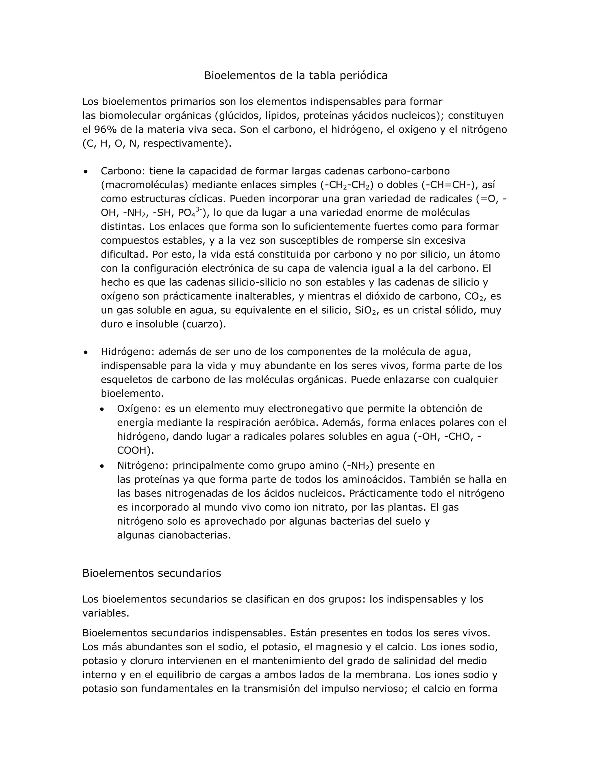 Bioelementos de la tabla periódica | PDF