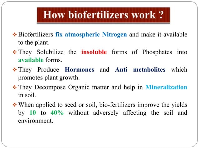 Biofertilizers and their role (india) | PPTX | Agriculture | Industries