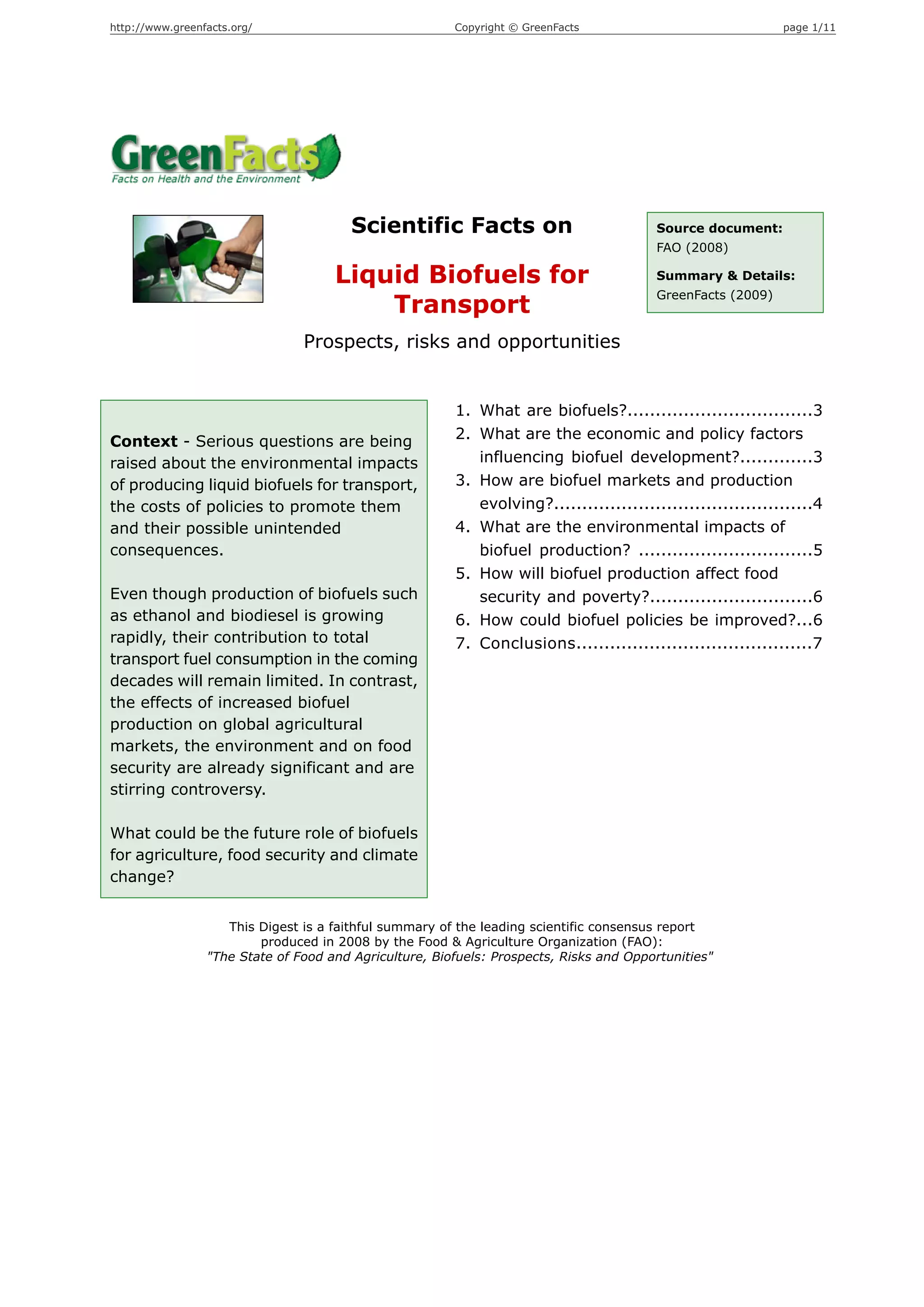 Liquid Biofuels for Transport Prospects, risks and opportunities | PDF