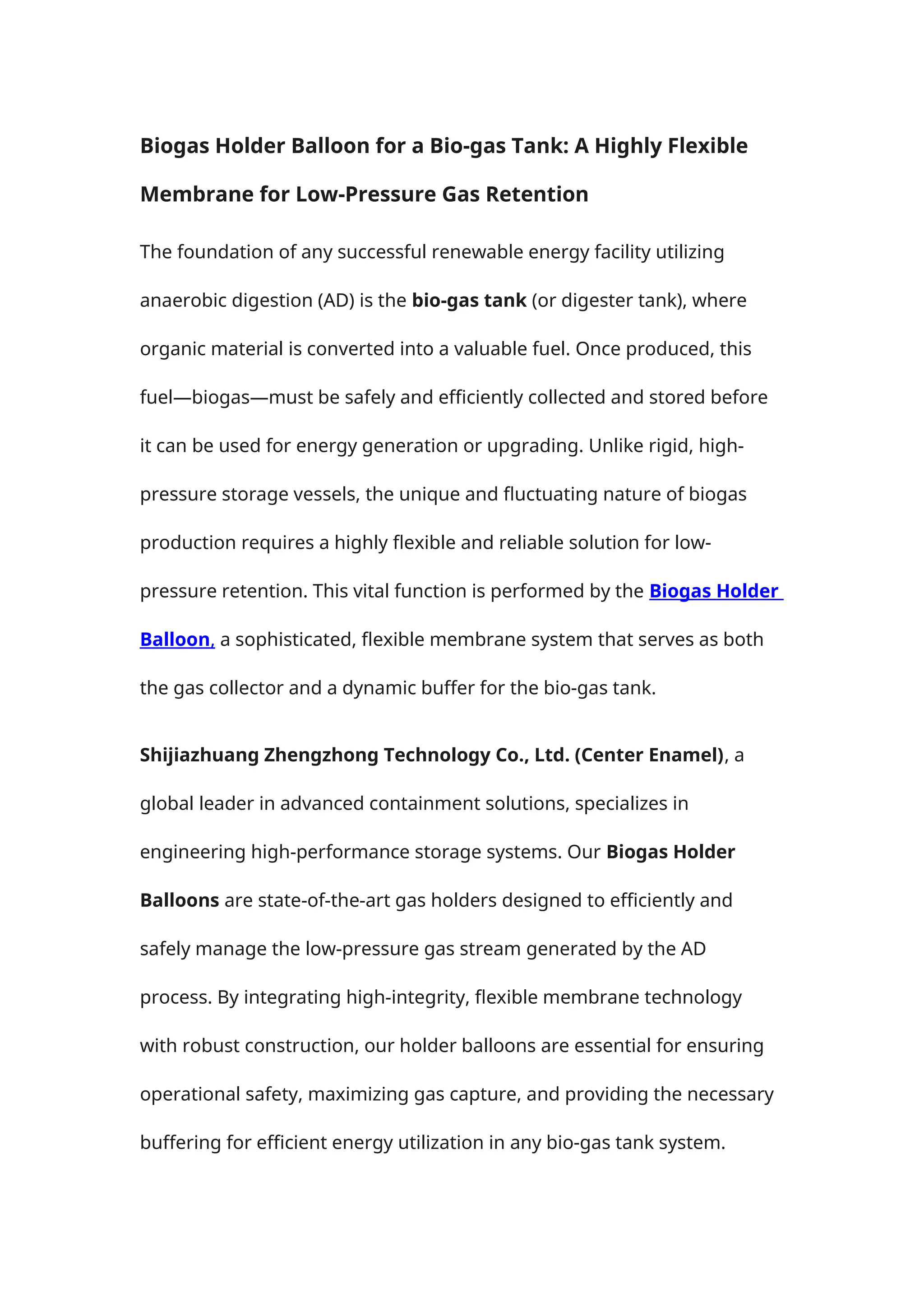 Biogas Holder Balloon for a Bio-gas Tank A Highly Flexible Membrane for ...