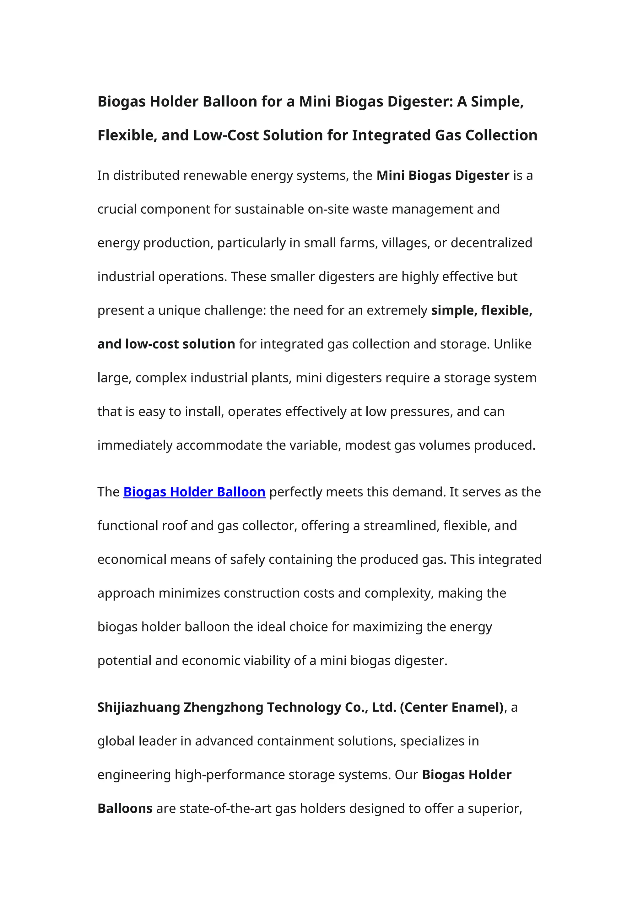 Biogas Holder Balloon for a Mini Biogas Digester A Simple, Flexible ...