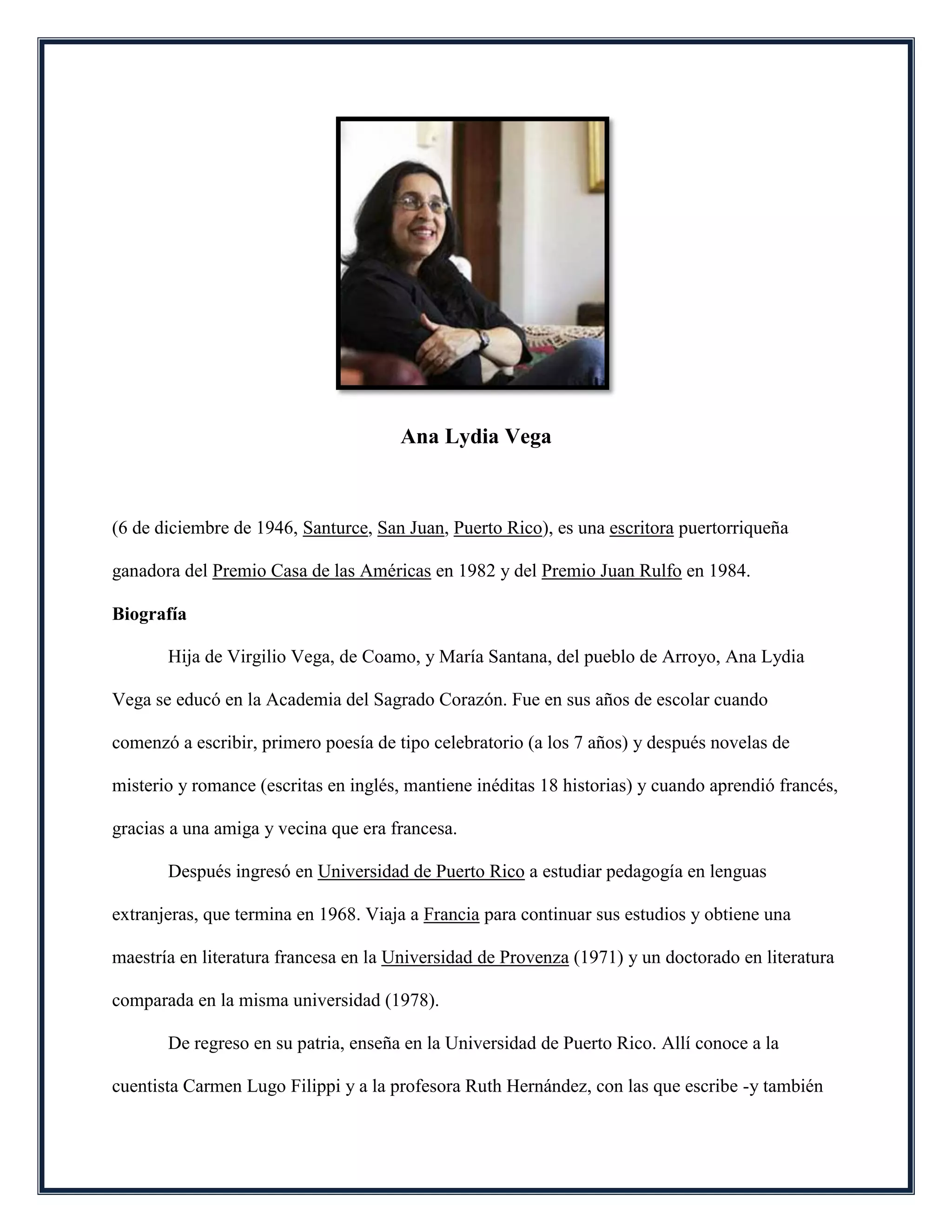 Biografía de Ana Lydia Vega | PDF