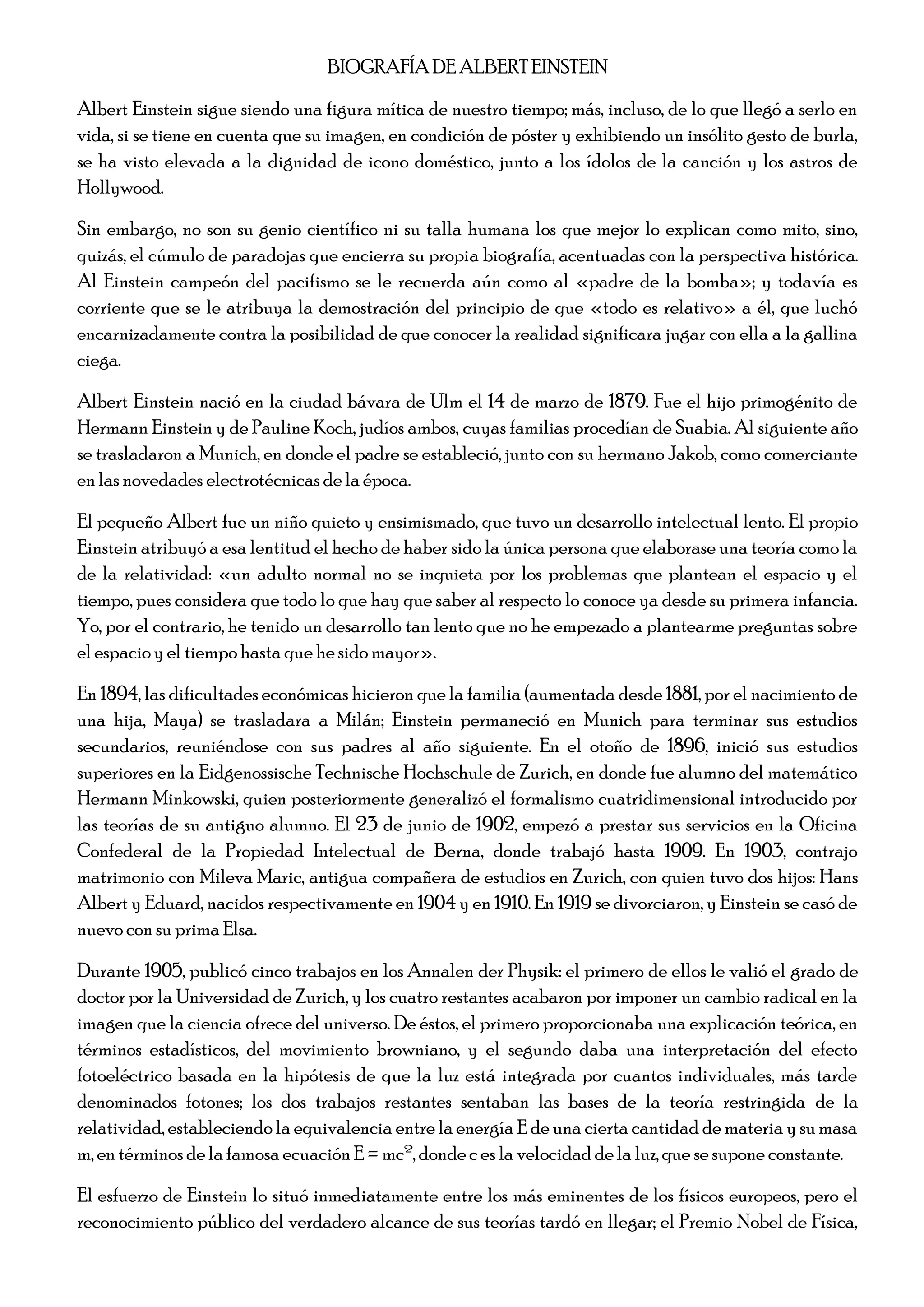 Biografía de albert einstein | DOCX
