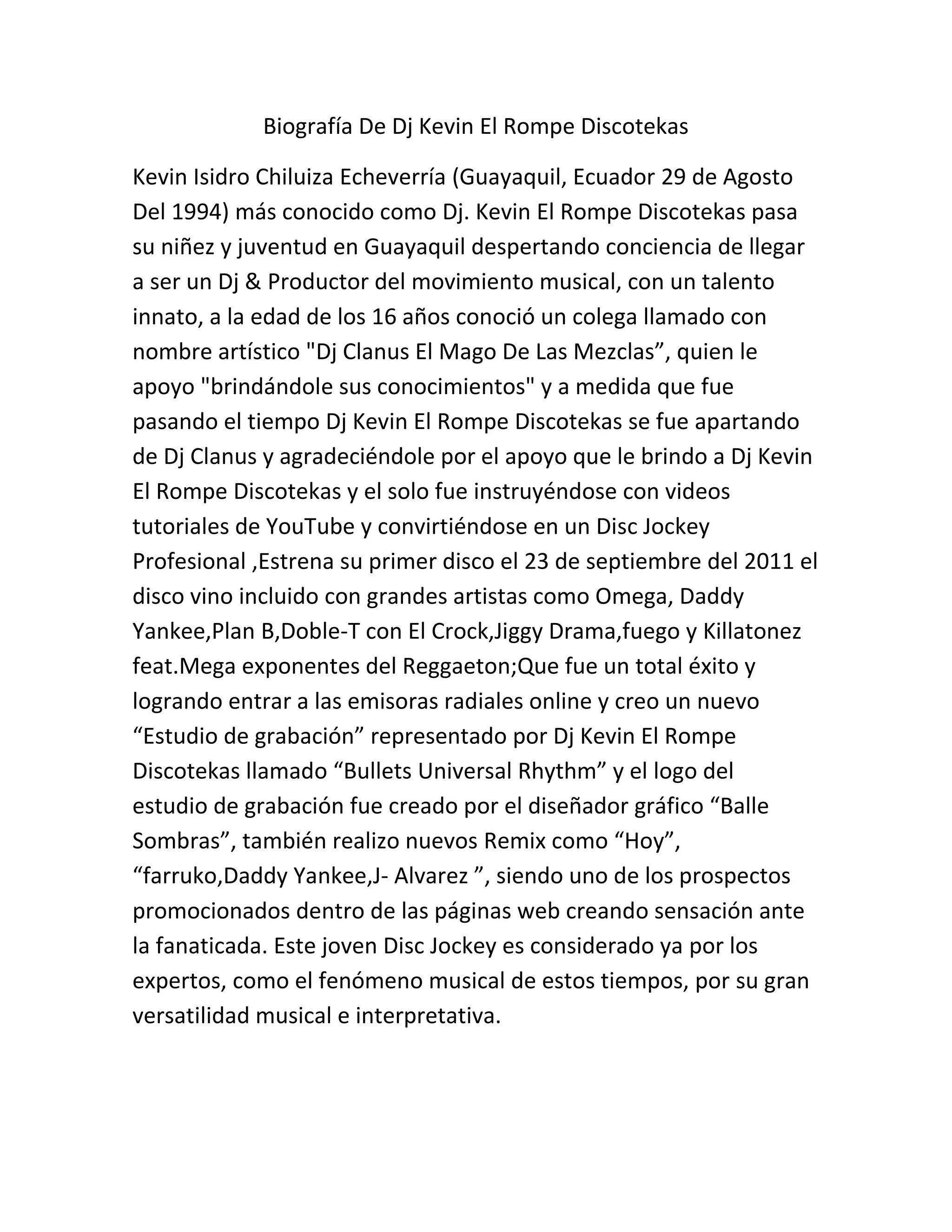 Biografía De Dj Kevin El Rompe Discotekas | PDF