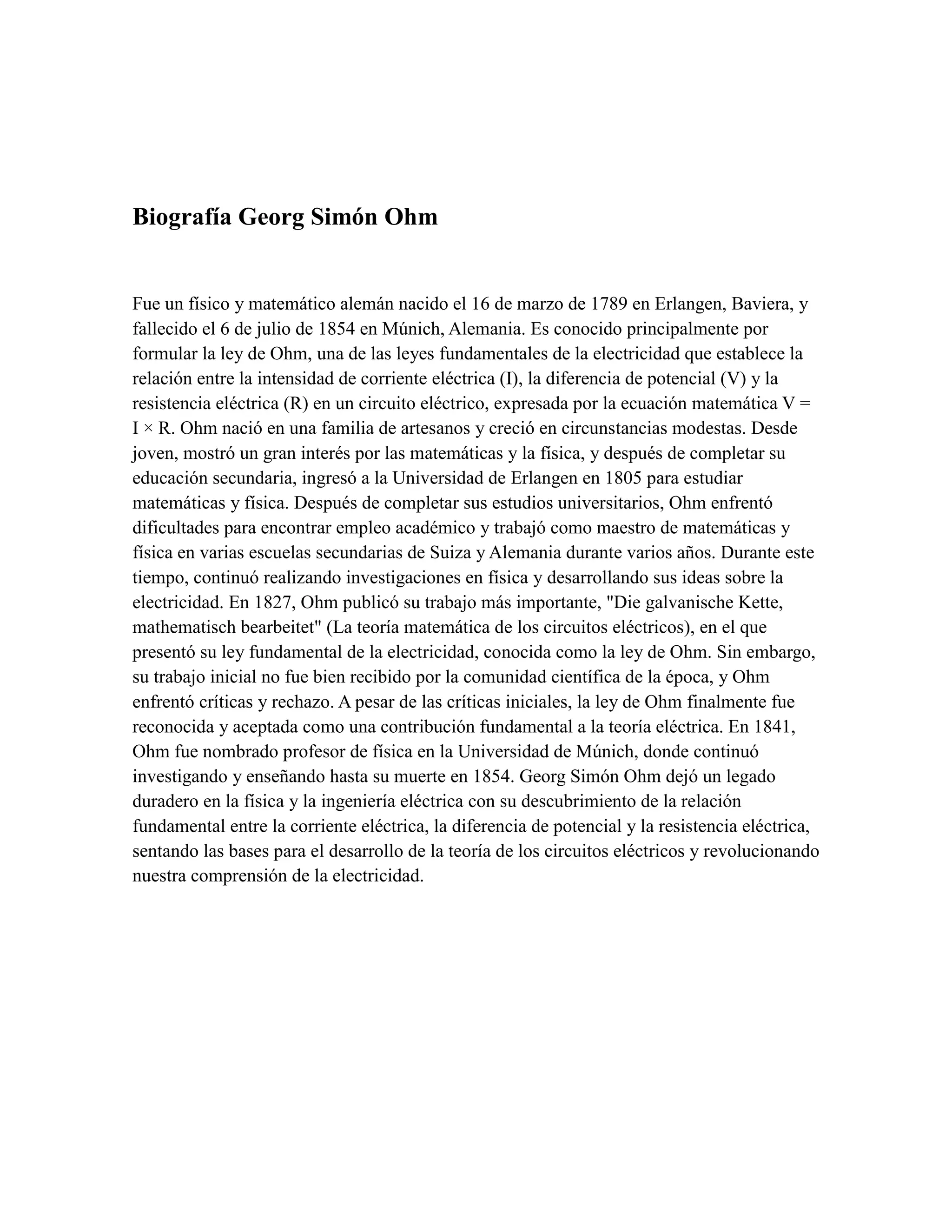 BIOGRAFIA GEORG SIMON OHM RESISTENCIA Y DEMAS | DOCX | Physics | Science