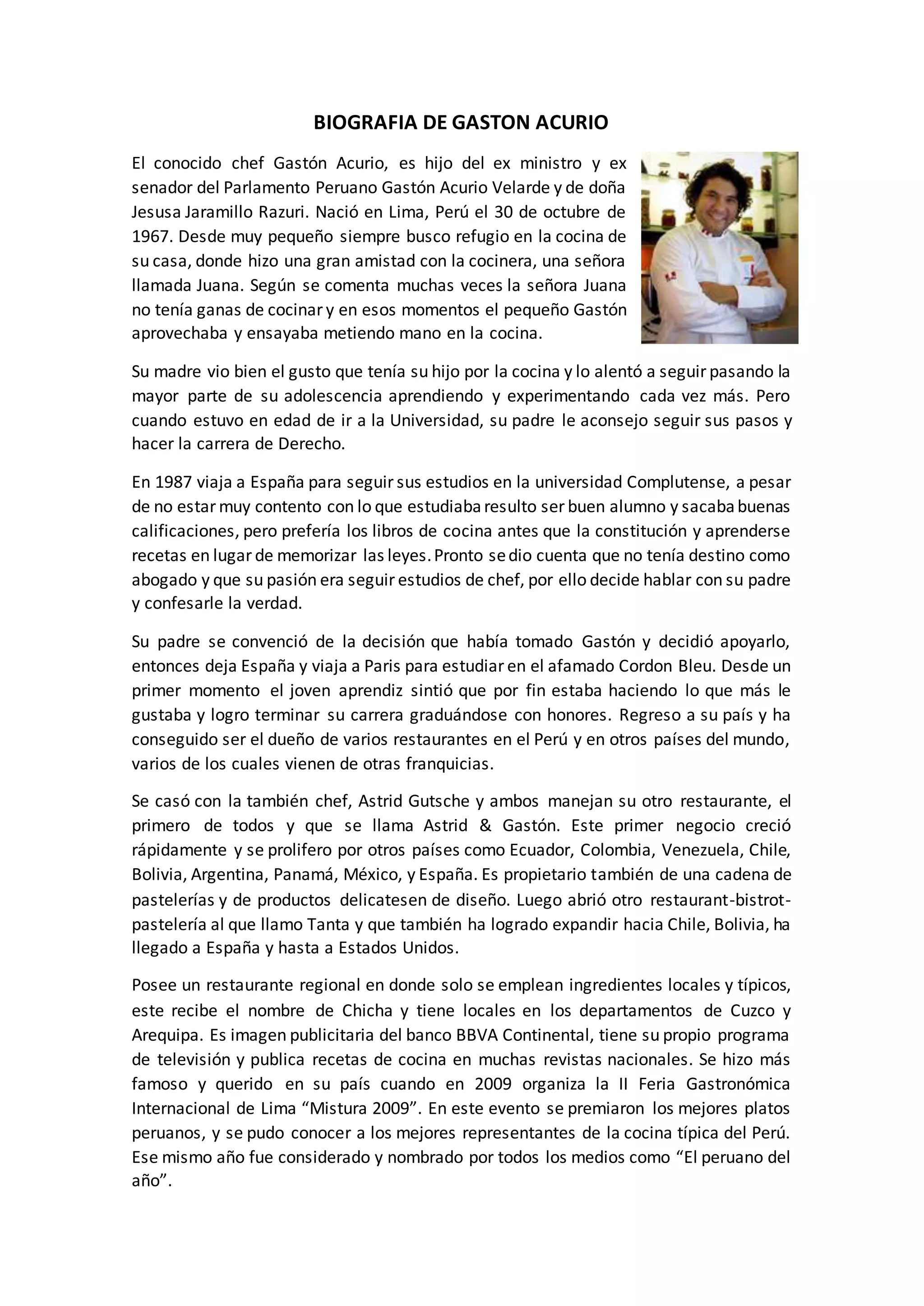 Biografia de gaston acurio | DOCX