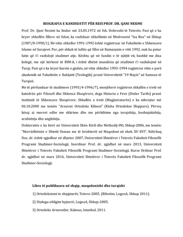 Biografia e kandidatit për reis Qani Nesimi | PDF