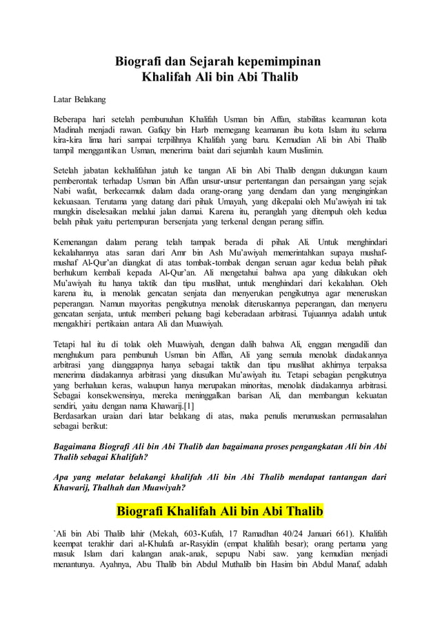 Biografi dan sejarah kepemimpinan Ali bin Abi Thalib | PDF