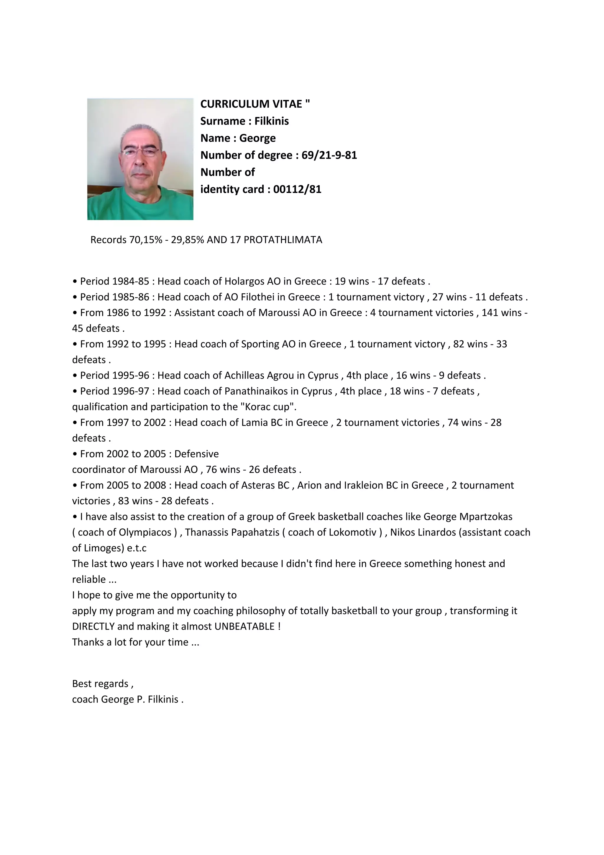 Trainerlaufbahn Georgios Filkinis | PDF