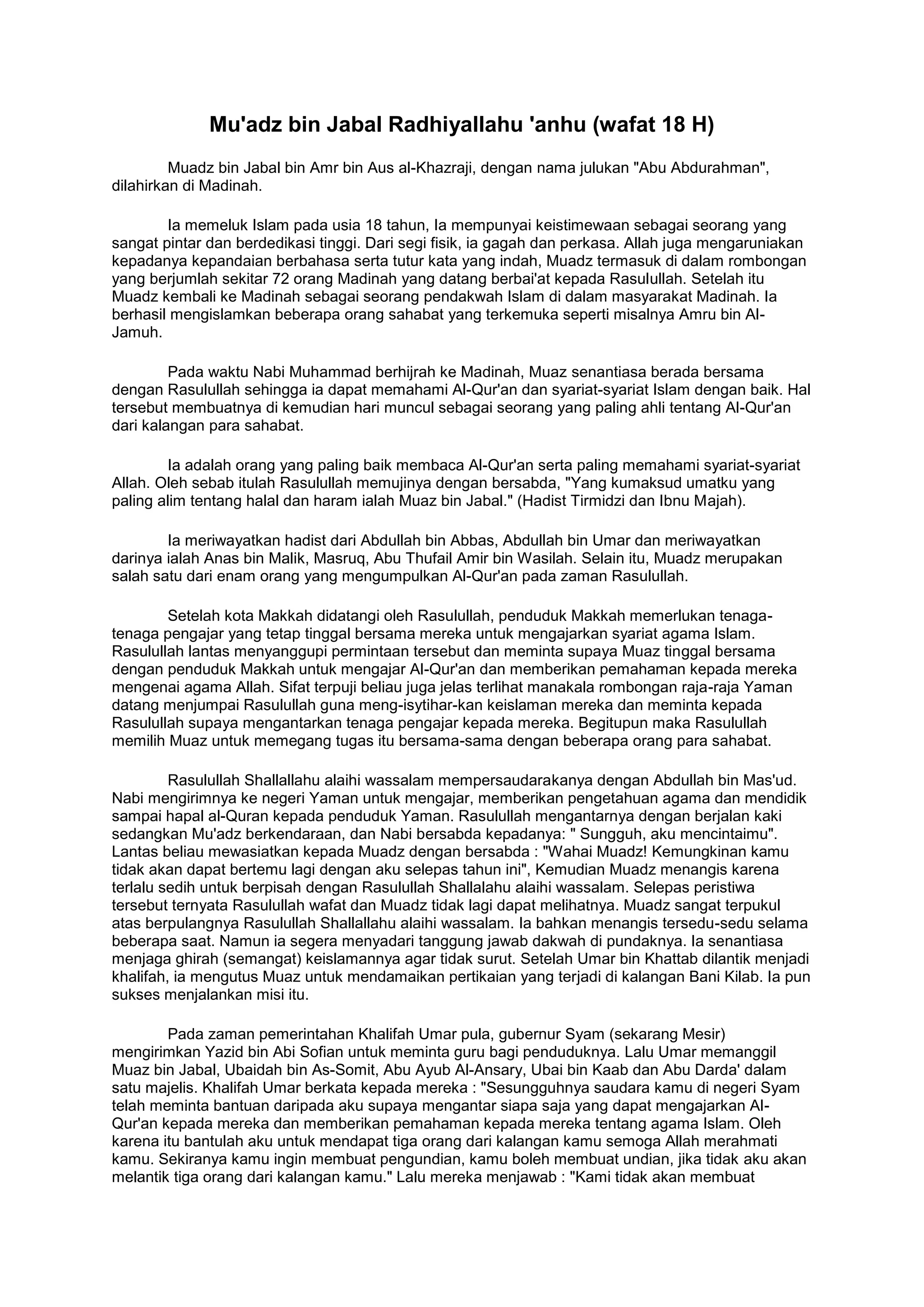 Biografi sahabat muaz bin jabal | DOCX