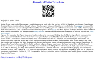 Biography And Work Of Mother Teresa Essay | PDF | Birth | Personal ...
