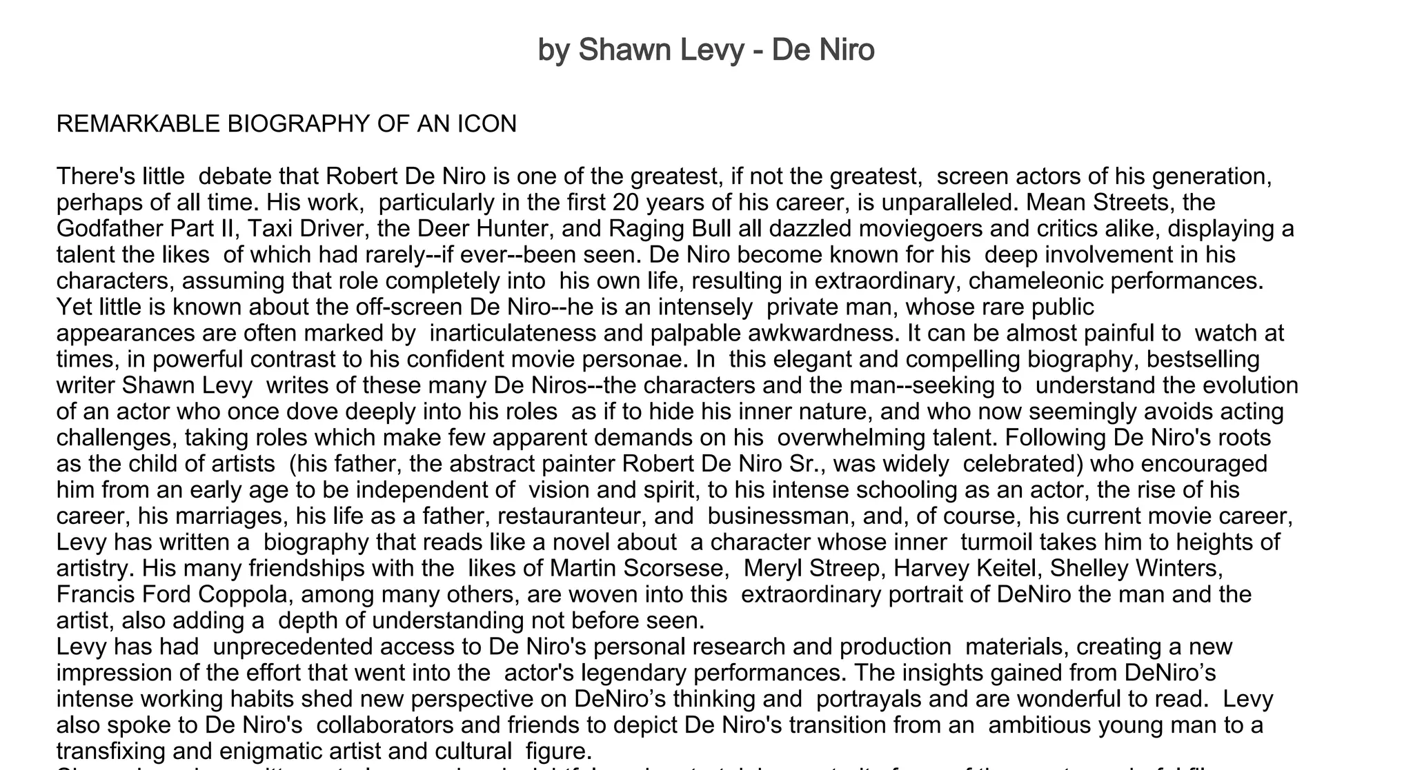 biography autobiography memoir by Shawn Levy - De Niro | PDF