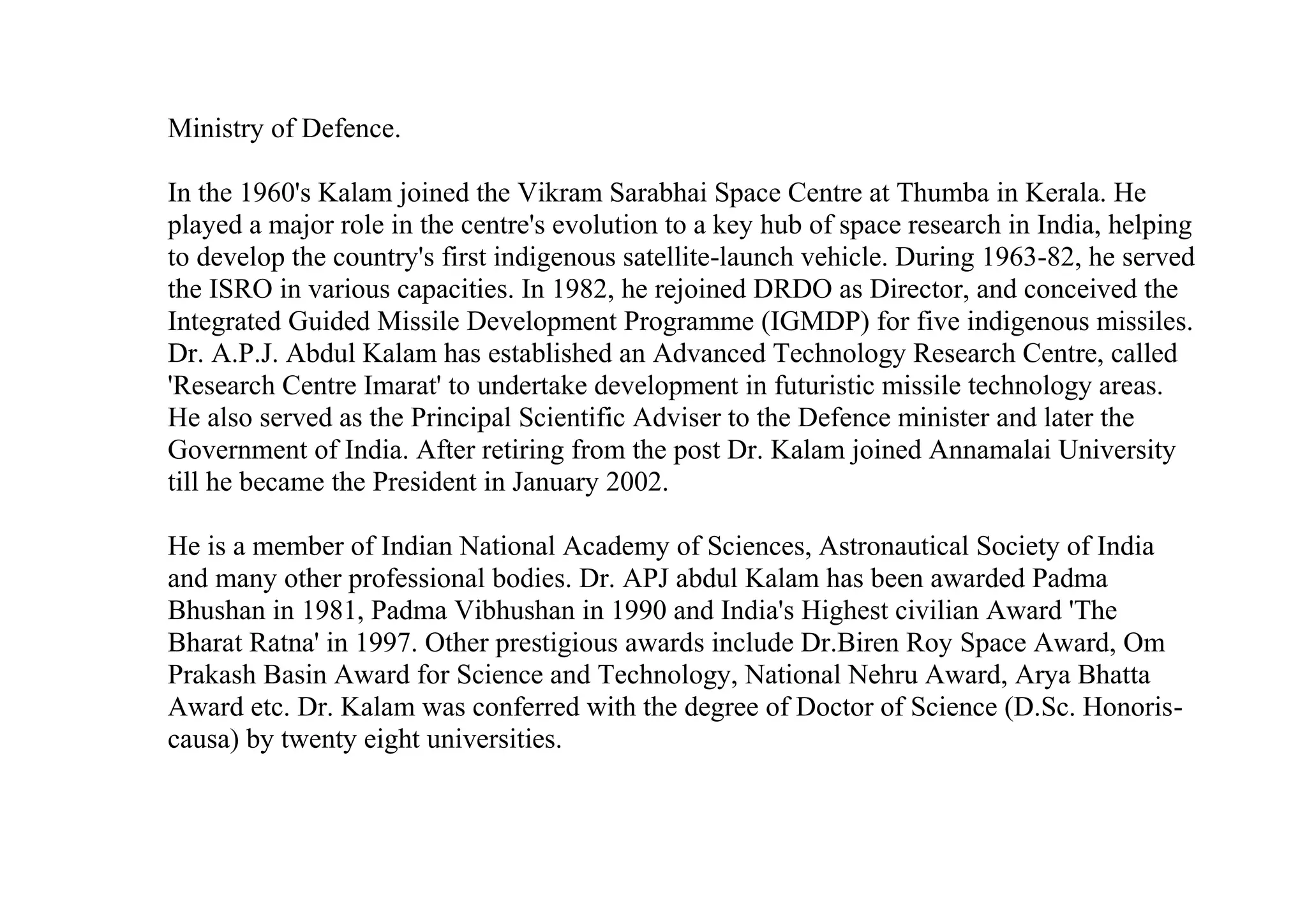 Biography of abdul kalam 100 | DOCX