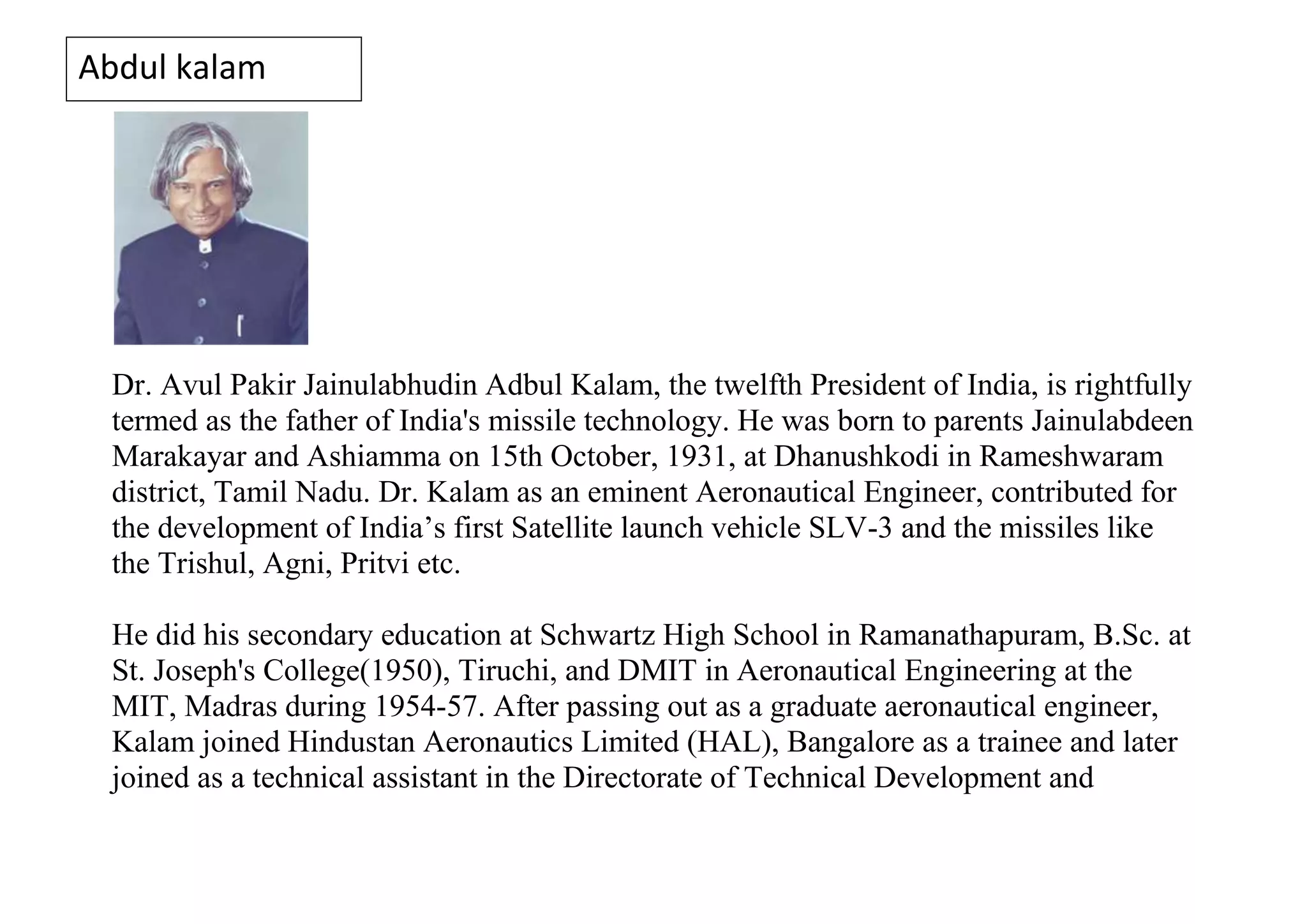 Biography of abdul kalam 100 | DOCX