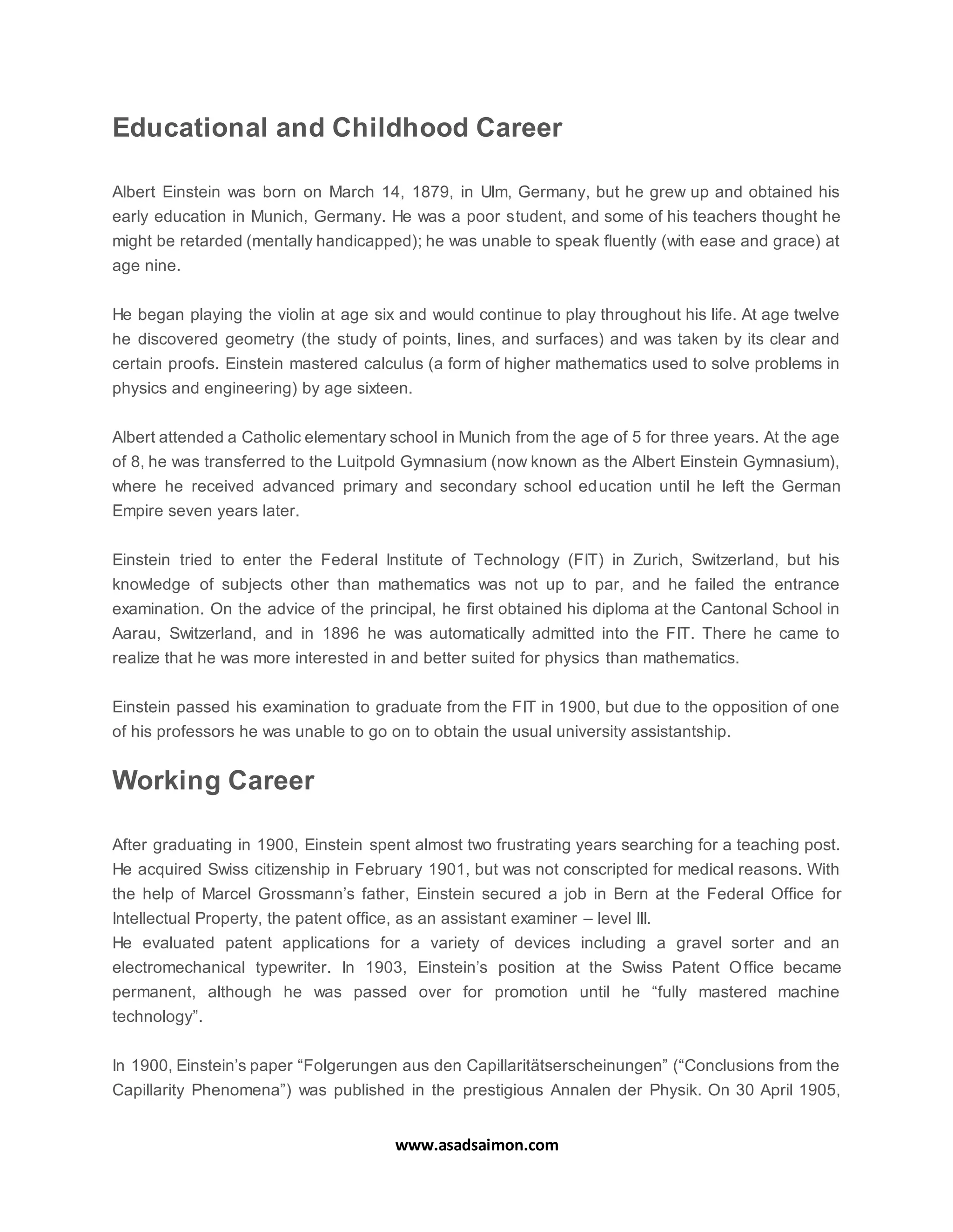 Biography of Albert einstein | DOCX