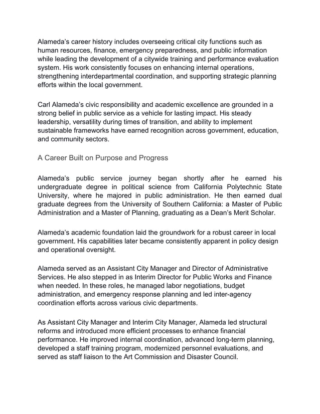 Biography Of Carl Alameda | Assistant City Manager | PDF