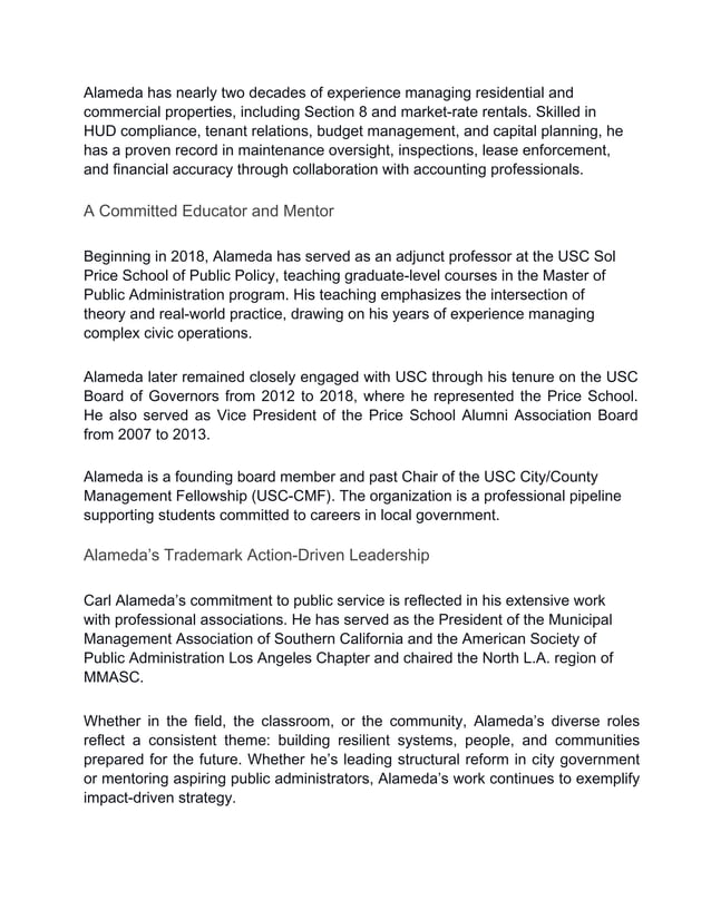 Biography Of Carl Alameda | Assistant City Manager | PDF