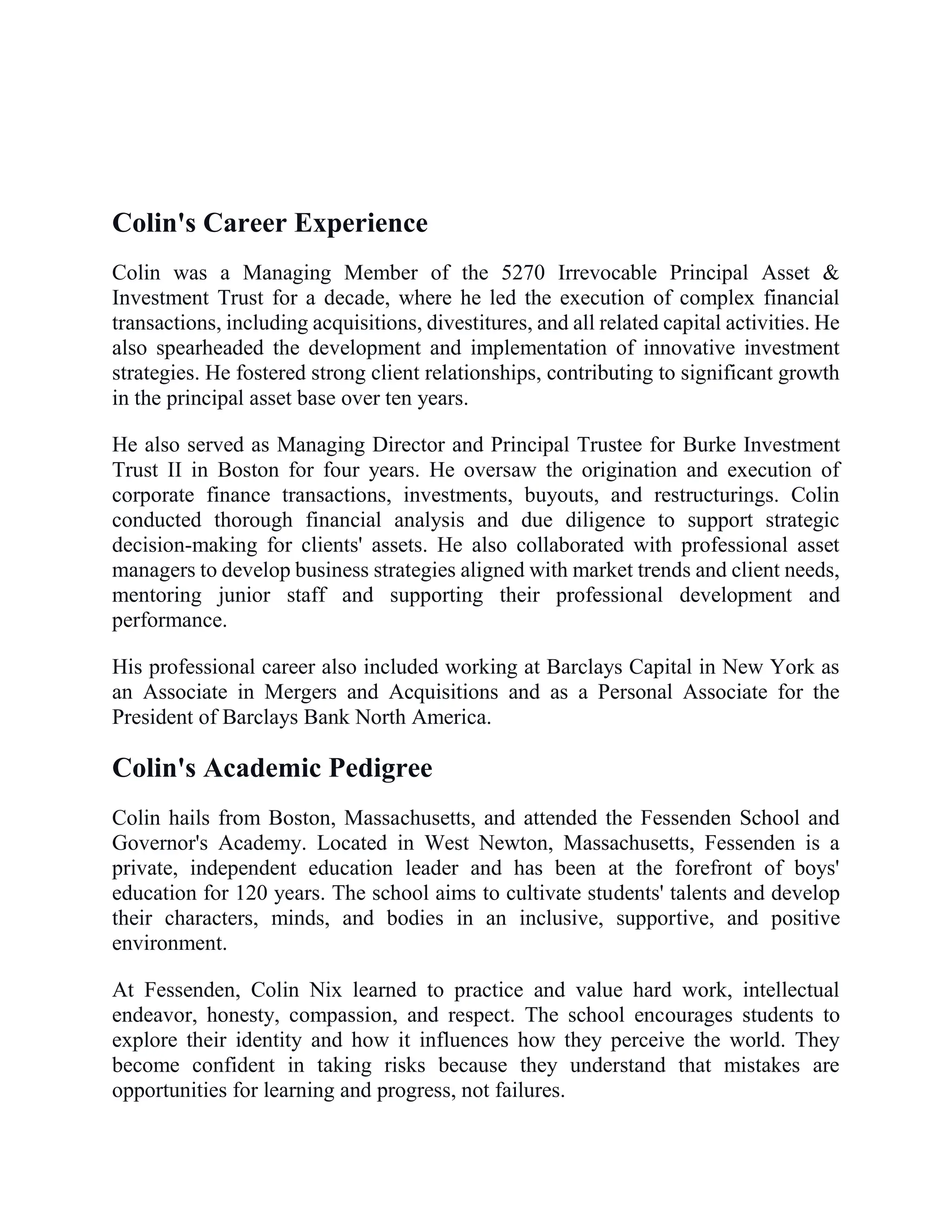 Biography and career history of Colin Nix | PDF