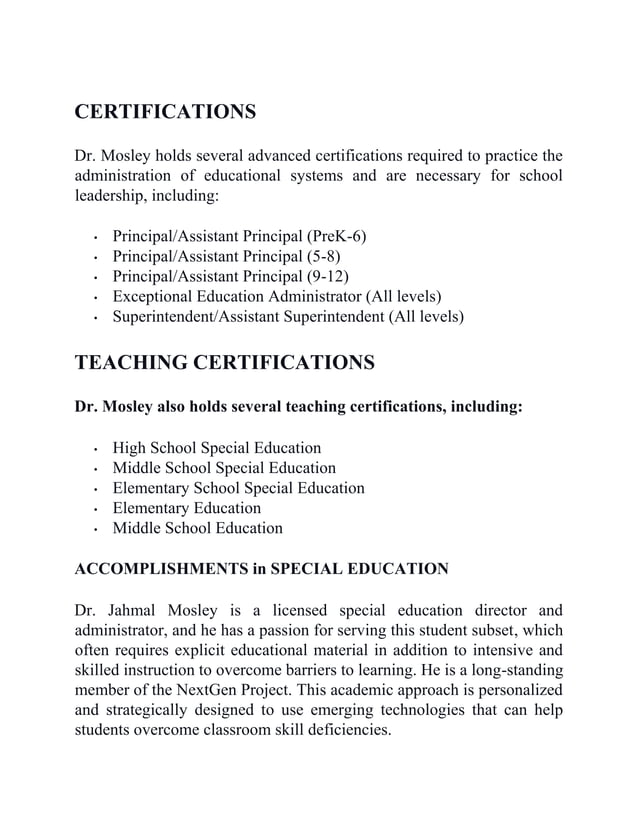 Biography of Dr. Jahmal Mosley, a Doctorate in Education | PDF