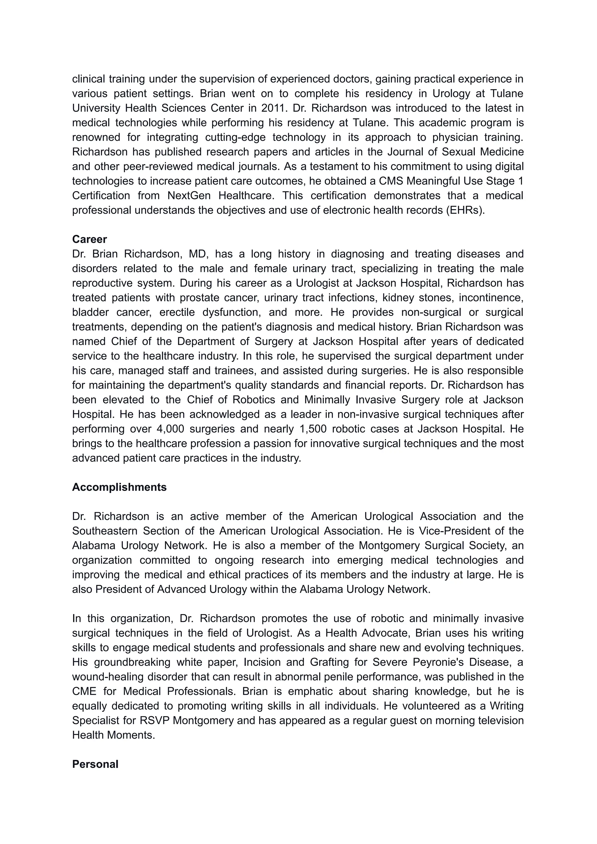 Biography of Dr. Brian Richardson | Urologist Dr | Montgomery, Alabama|.pdf