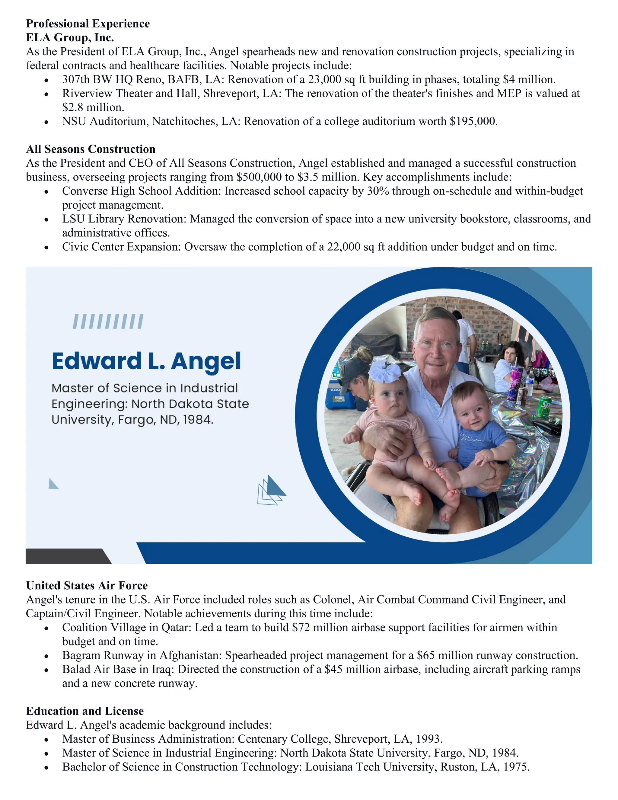 Biography of Edward L. Angel | President CEO General Contractor ...