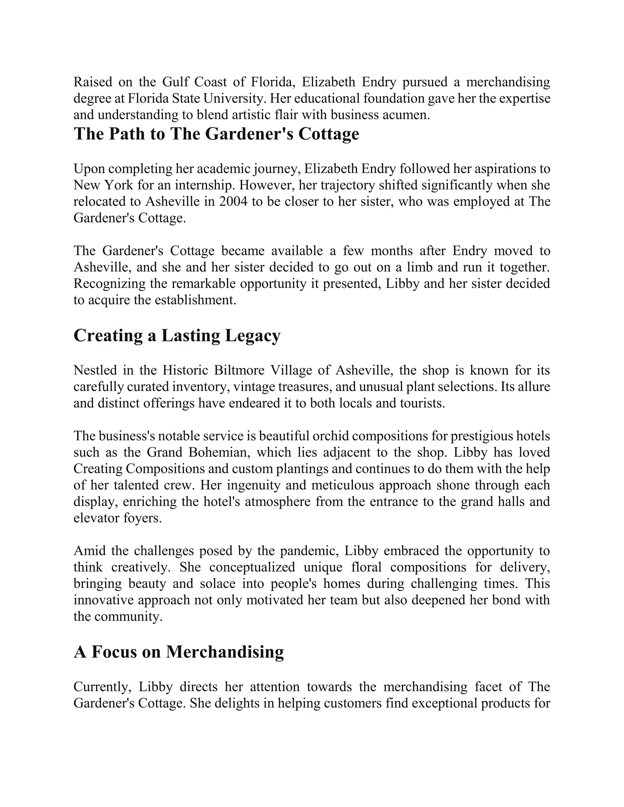 Biography and Career history of Elizabeth Endry | PDF | Flower Shopping ...