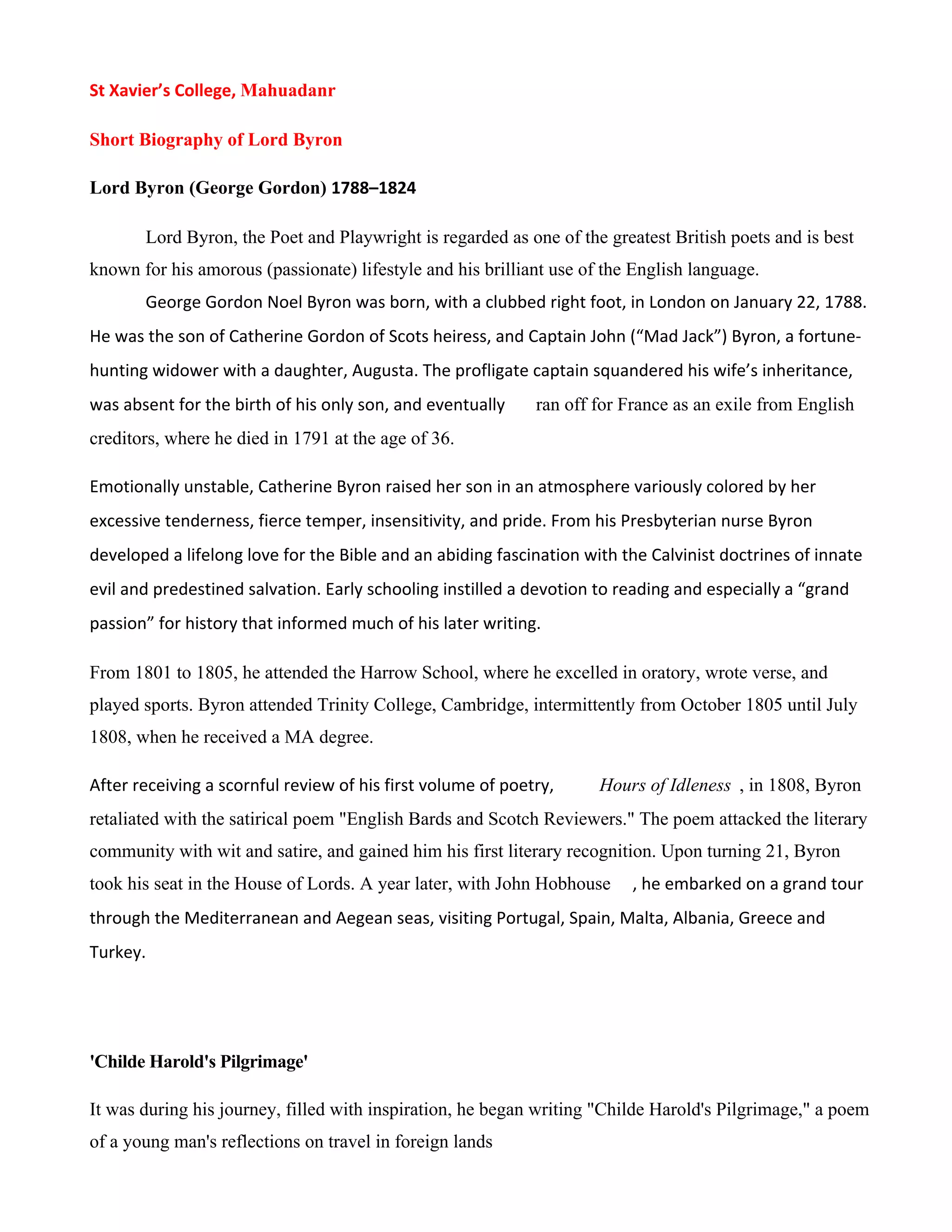 Biography of lord byron | PDF