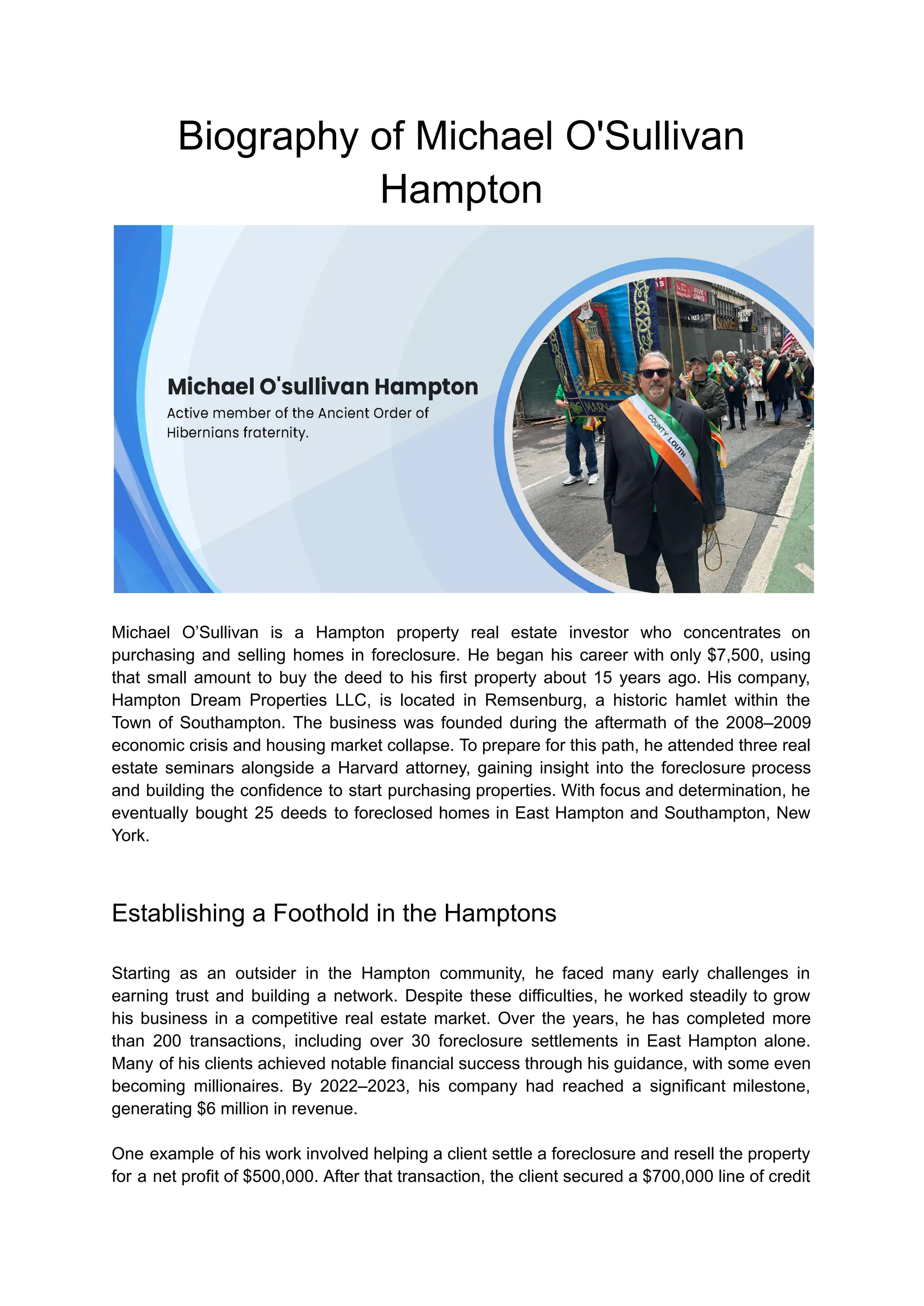 Michael O'Sullivan Hampton: A Life in Real Estate | PDF