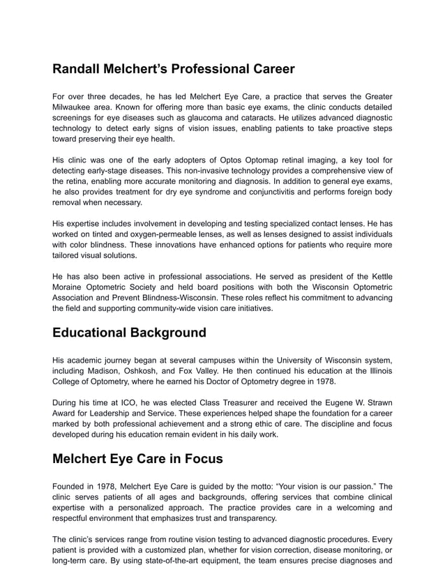 Biography of Optometrist Randall Melchert | PDF