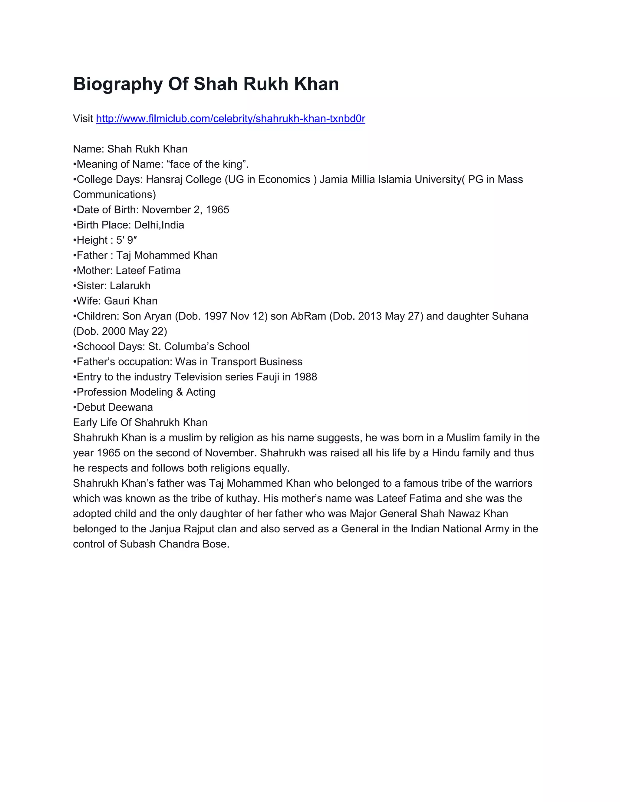 Biography of shah rukh khan | PDF