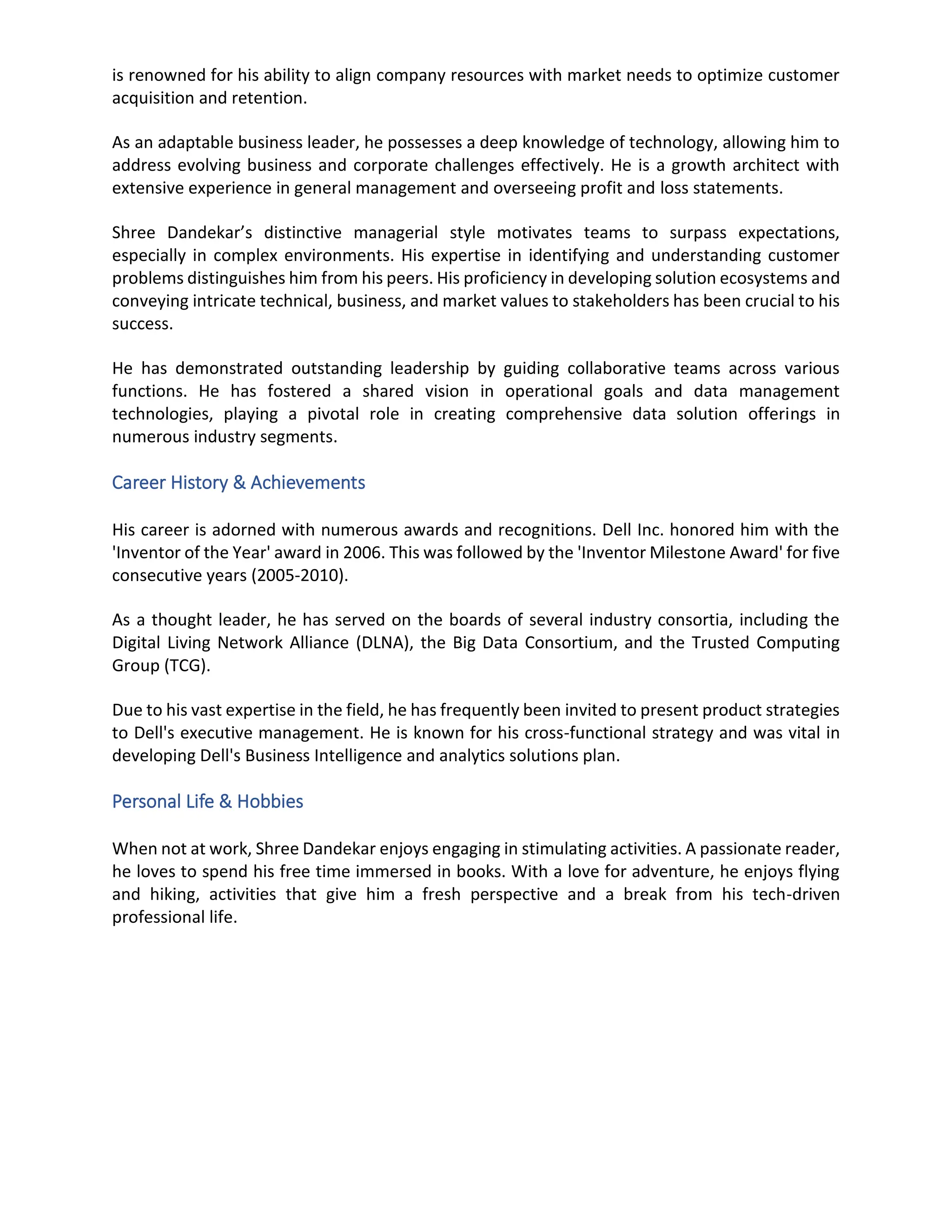 Biography of Shree Dandekar | Technology and Software Industry | PDF