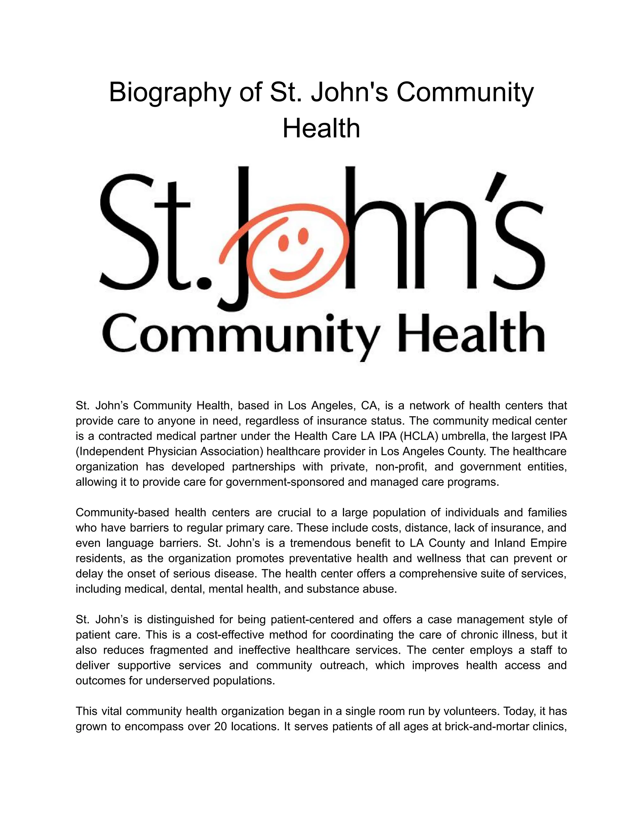 Biography of St. John's Community Health | PDF