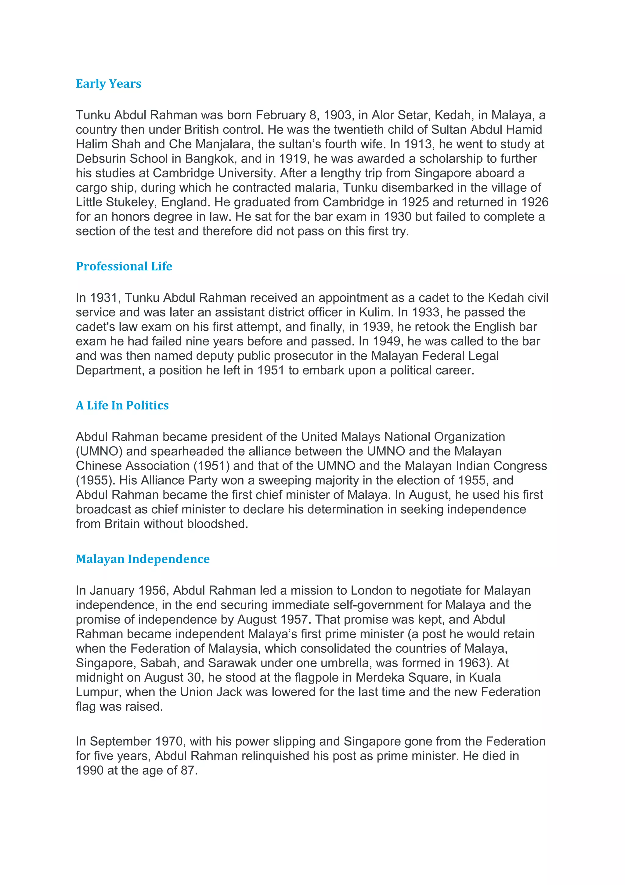 Biography of tunku abdul rahman | DOC
