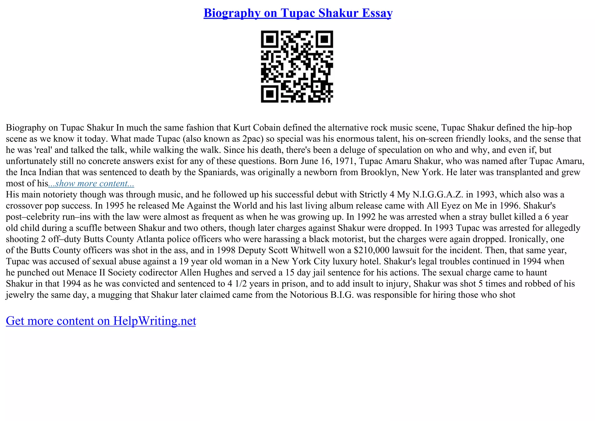 Biography On Tupac Shakur Essay | PDF