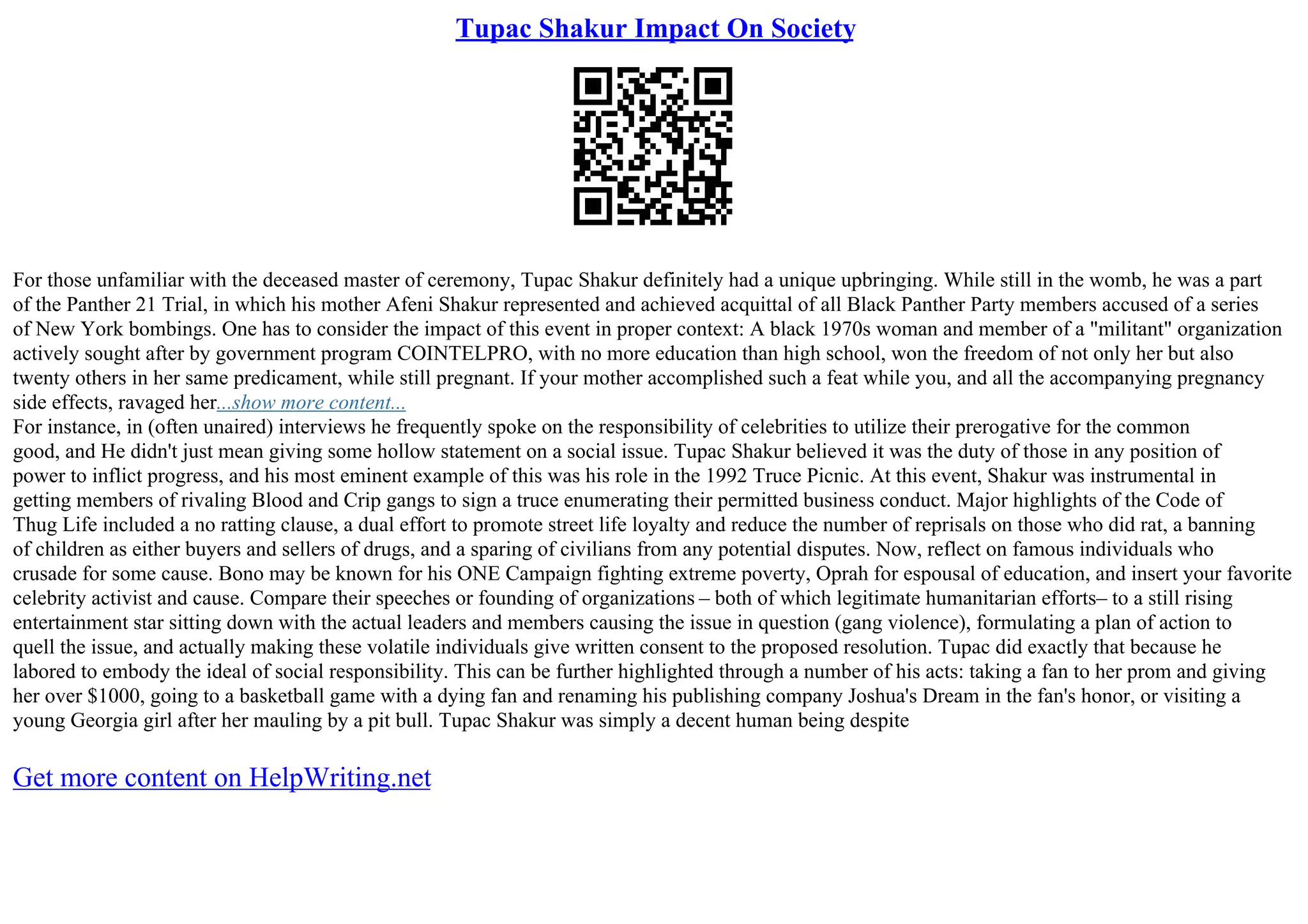 Biography On Tupac Shakur Essay | PDF