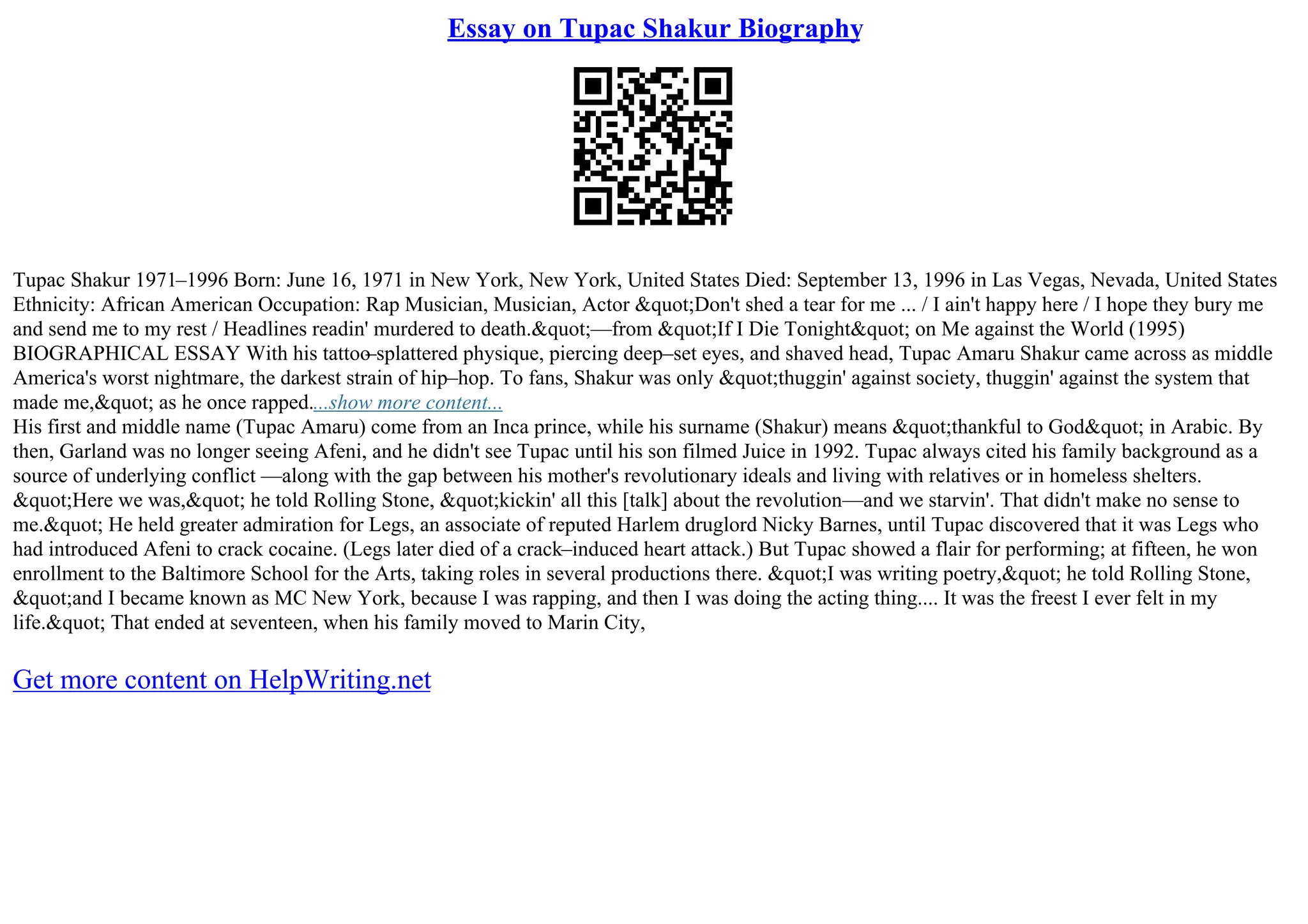 Biography On Tupac Shakur Essay | PDF