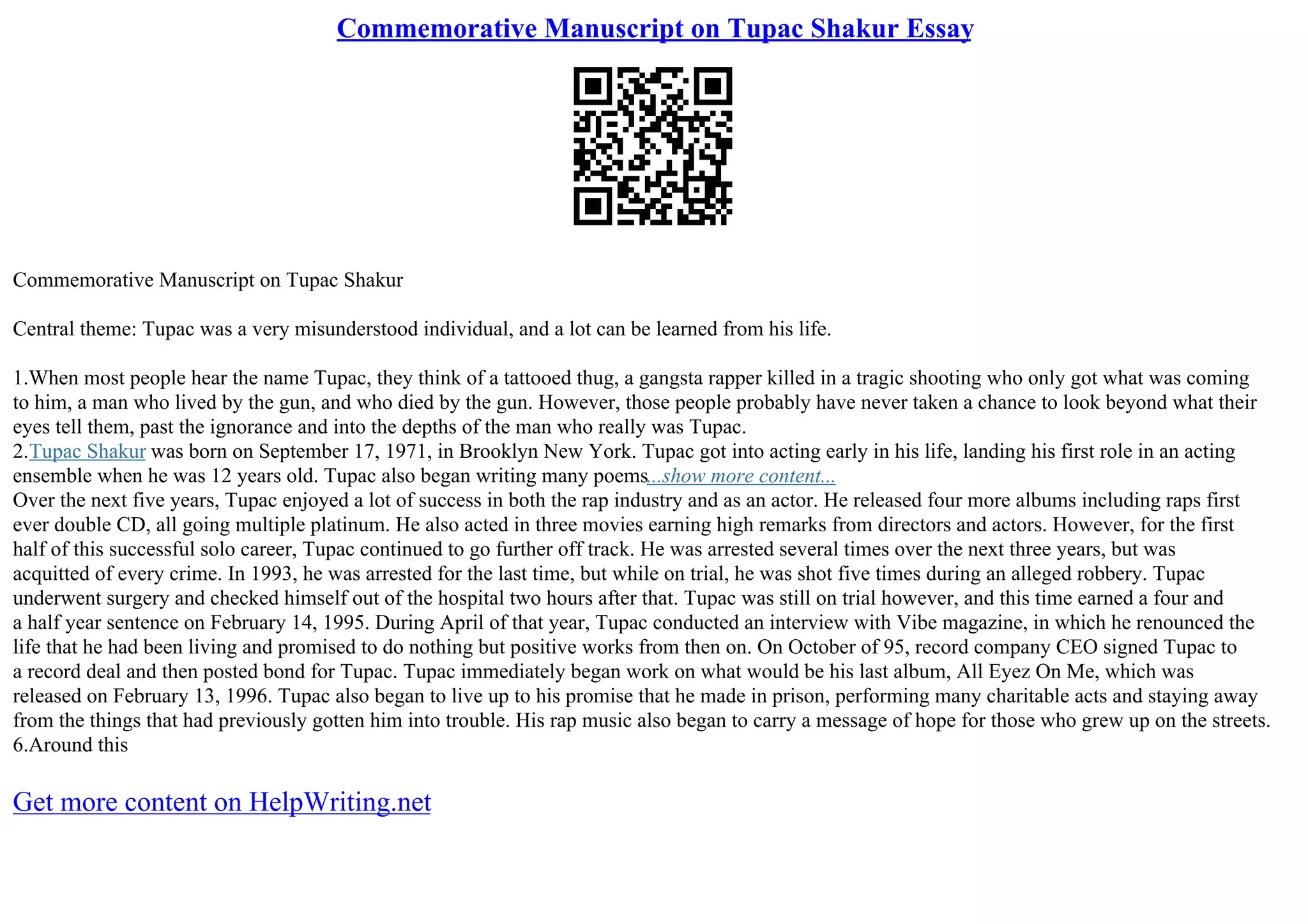 Biography On Tupac Shakur Essay | PDF