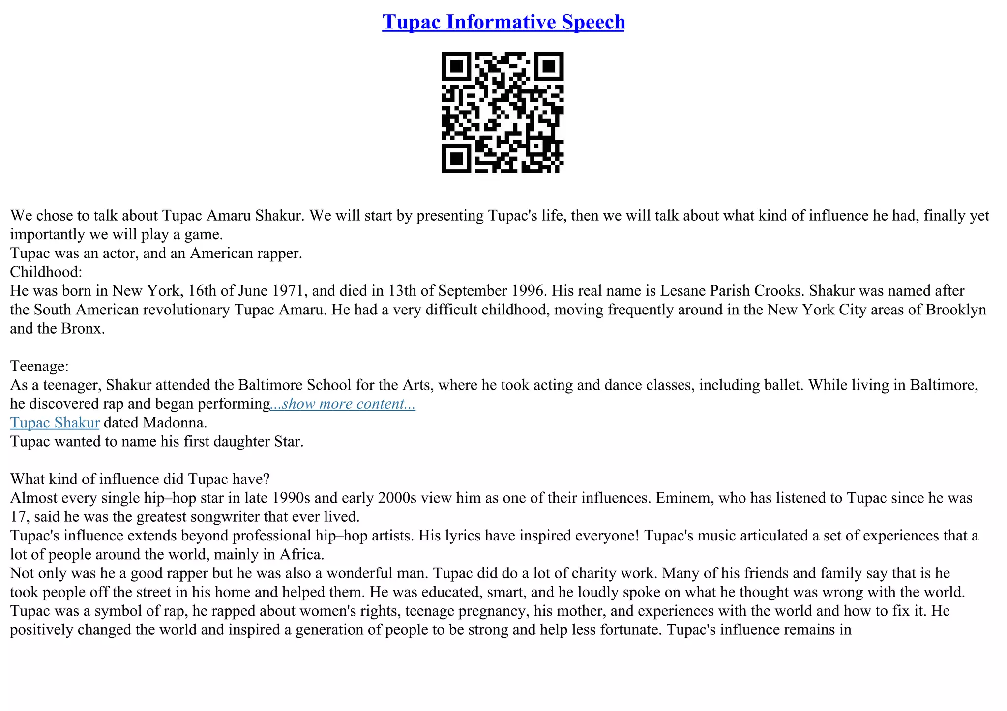 Biography On Tupac Shakur Essay | PDF