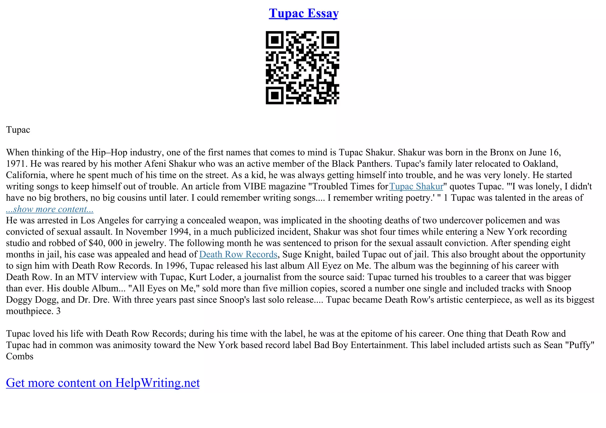 Biography On Tupac Shakur Essay | PDF